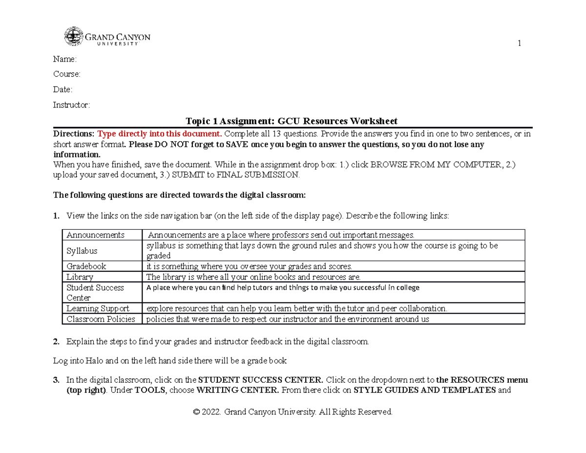 UNV-103 Topic 1 Assignment: GCU Resources Worksheet Guide - Studocu