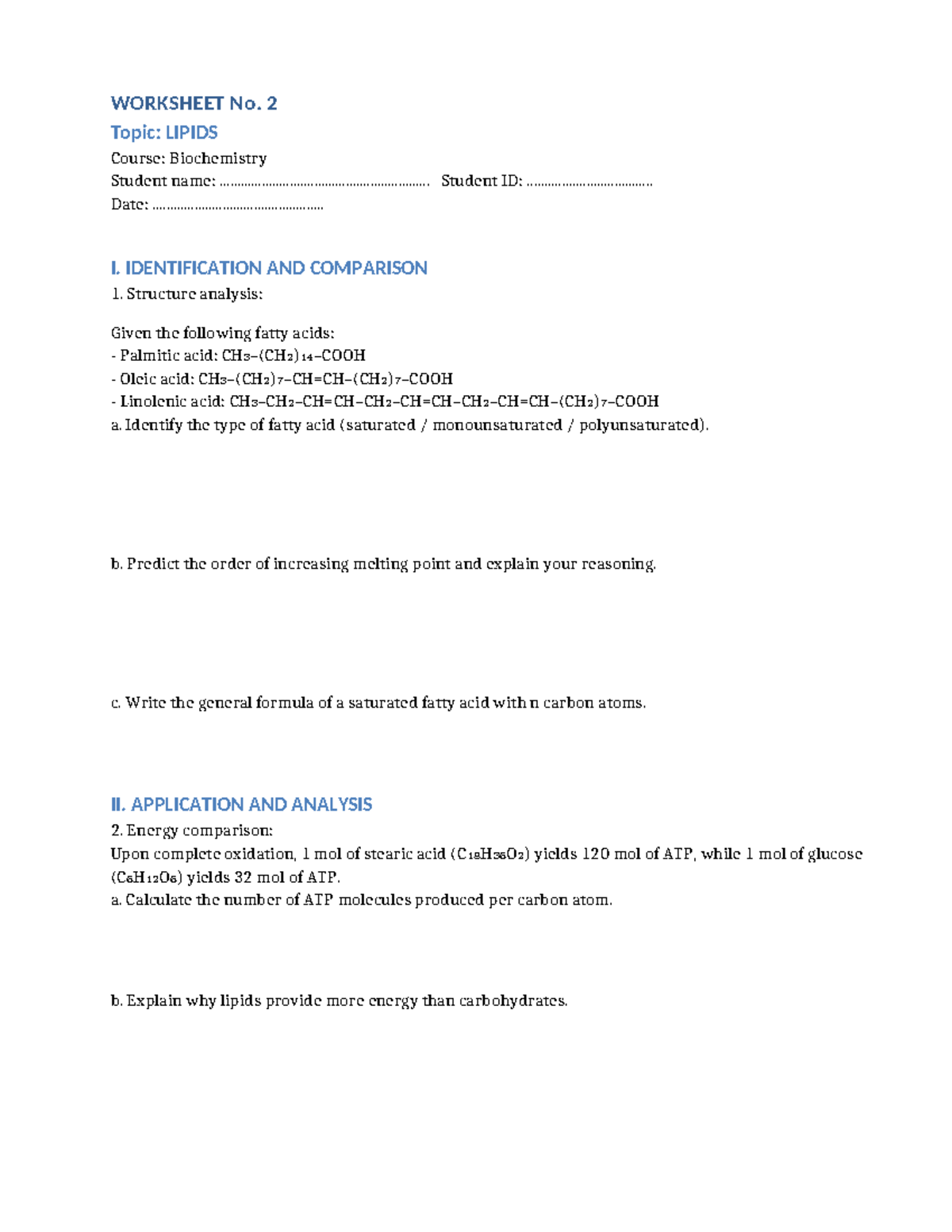 Worksheet No. 2: Lipids Analysis in Biochemistry - Studocu