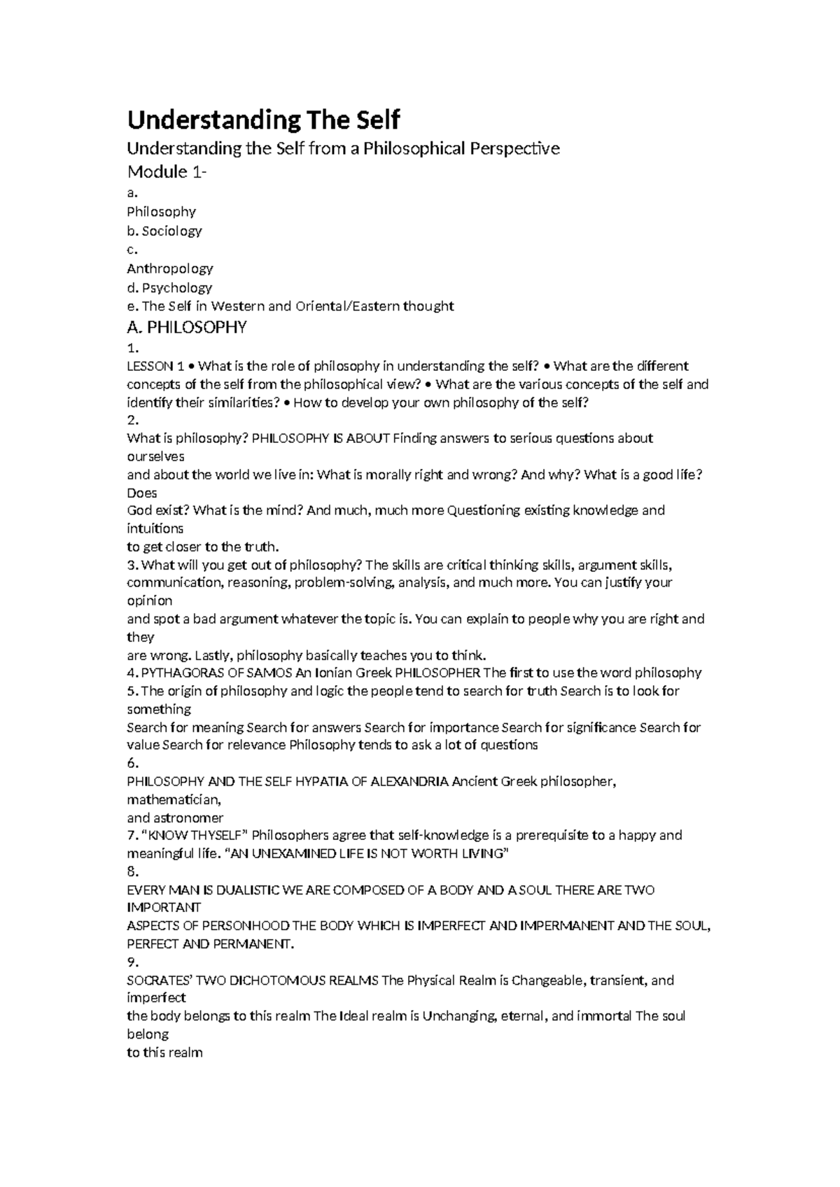 PHIL 101: Understanding the Self from Philosophical Perspectives - Studocu