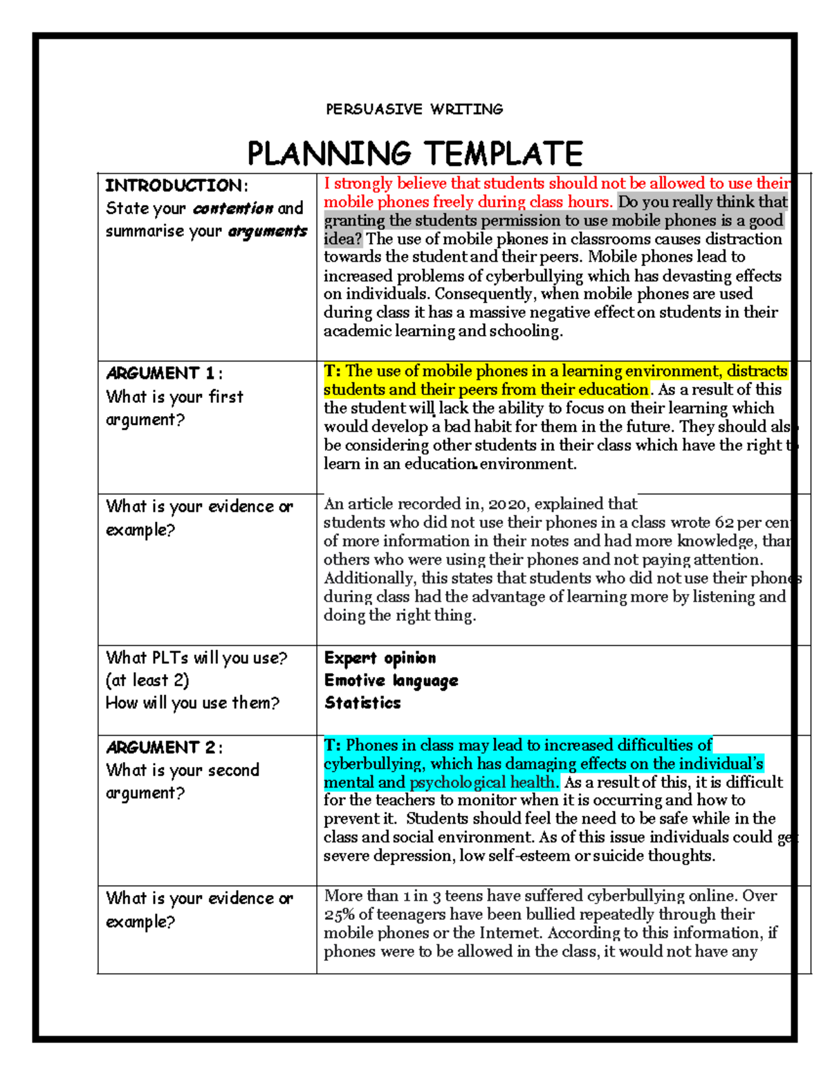 PERSUASIVE WRITING PLAN: Mobile Phones in Class (ENG) - Studocu