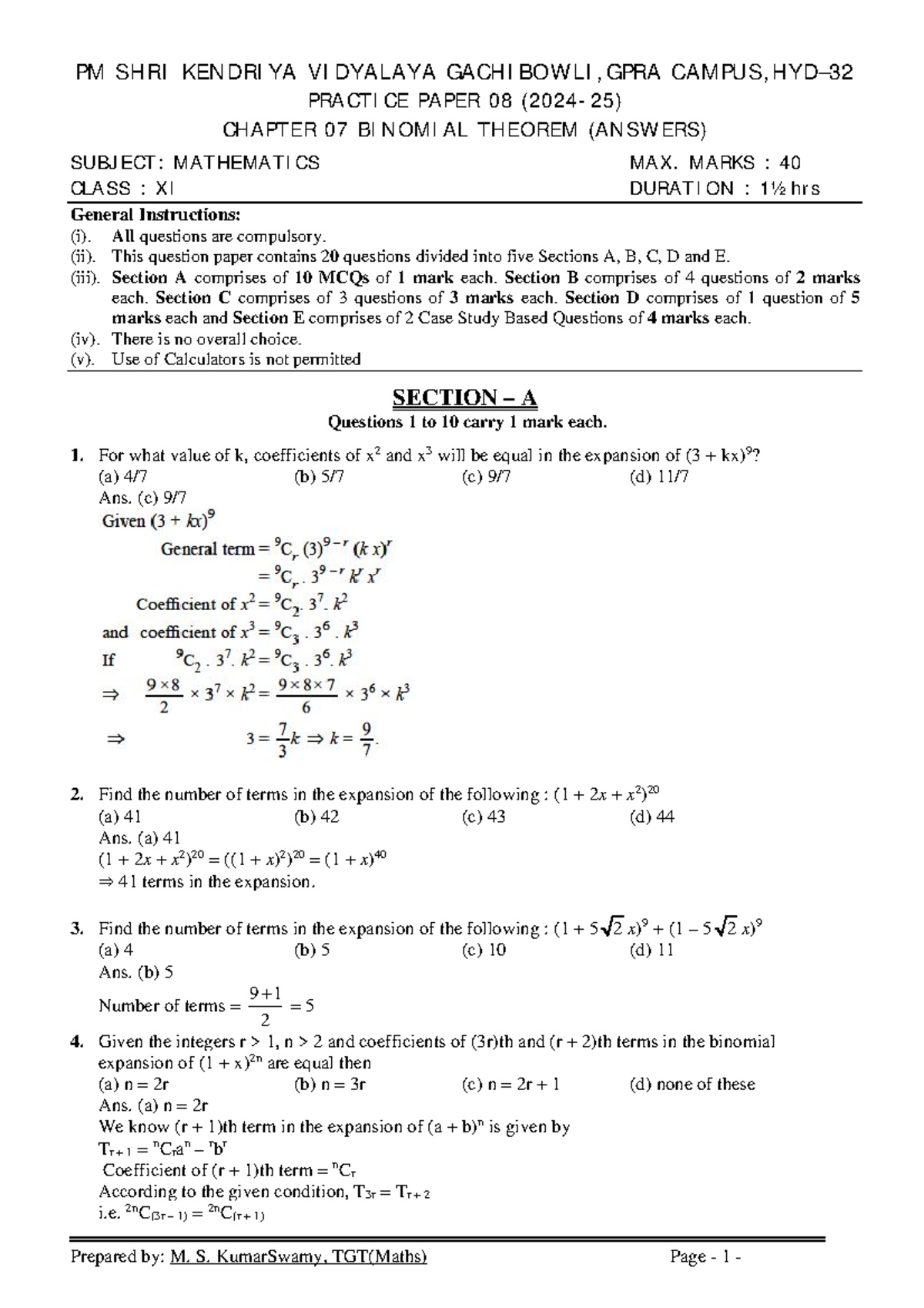 Maths Class XI Chapter 07 Binomial Theorem Practice Paper 08 Answers - Studocu