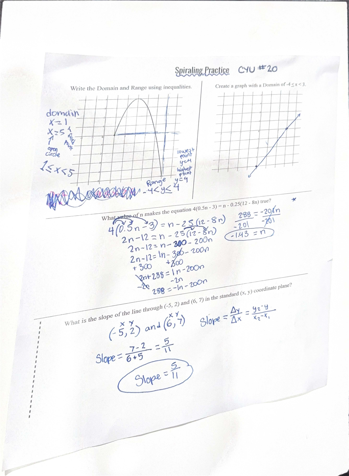 Spiraling Practice CYU 20: Domain, Range, and Slope Analysis - Studocu