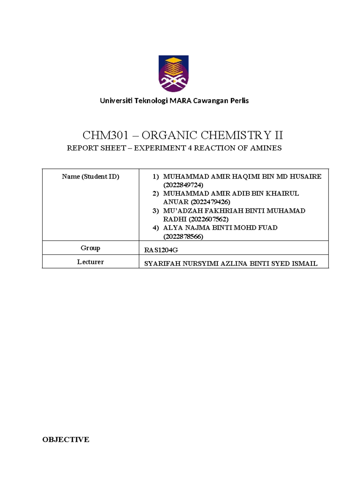 CHM301 Experiment 4 Report on Amines Reaction Analysis - Studocu