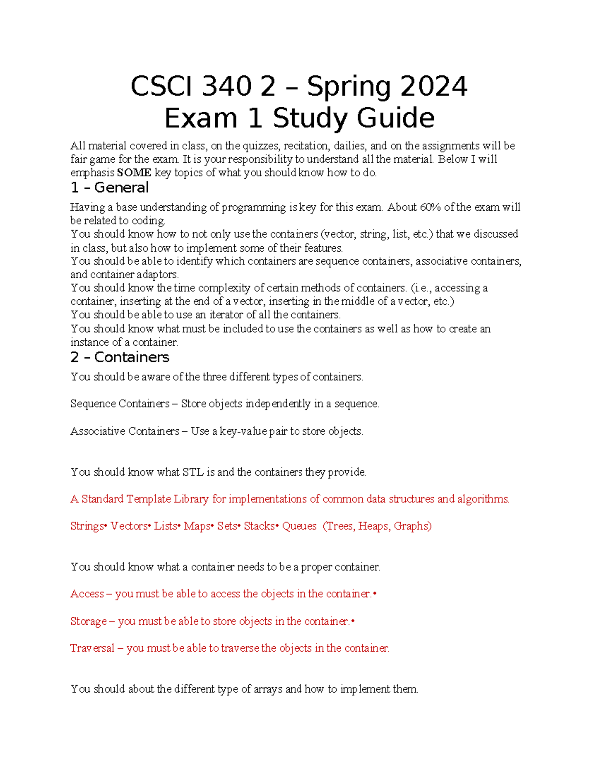 CSCI 340 Spring 2024 Exam 1 Study Guide: Key Topics & Concepts - Studocu