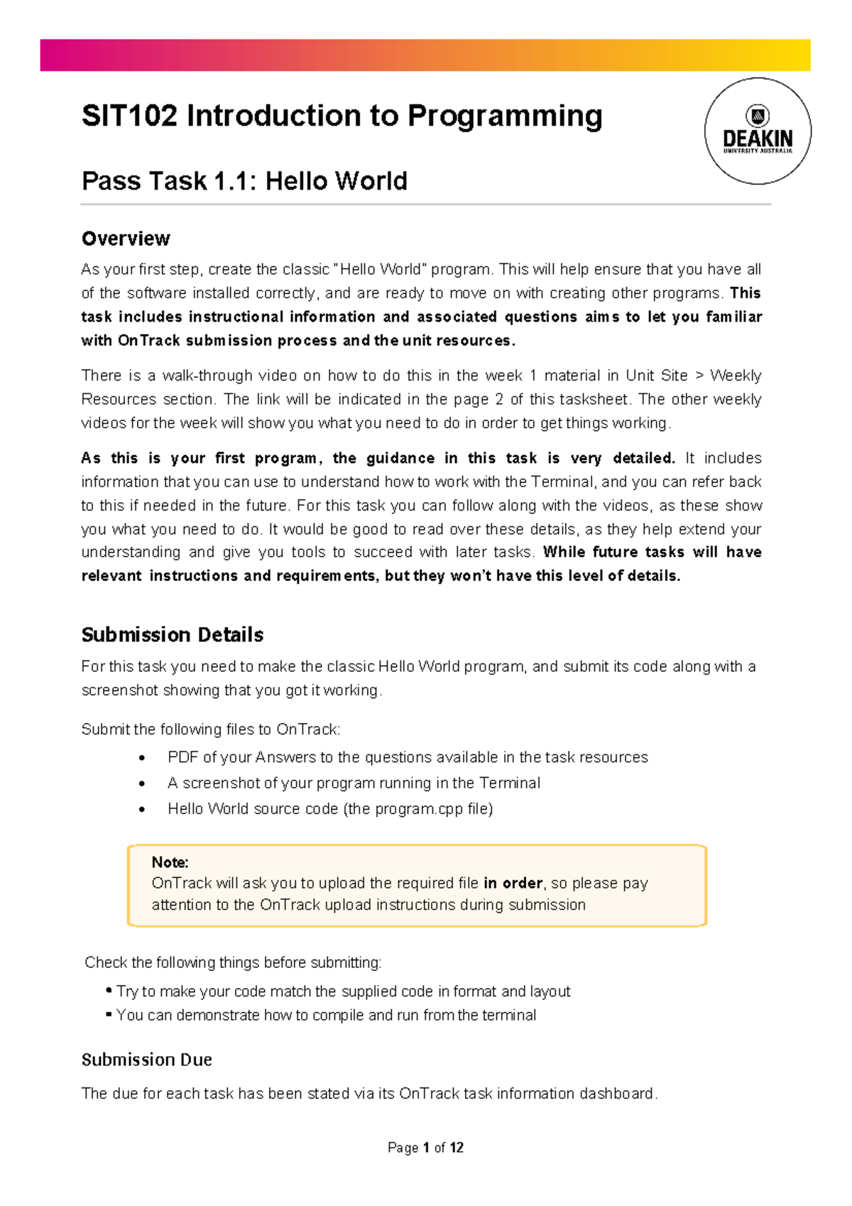 SIT102-1.1P-Task 1.1: Creating the Hello World Program Guide - Studocu