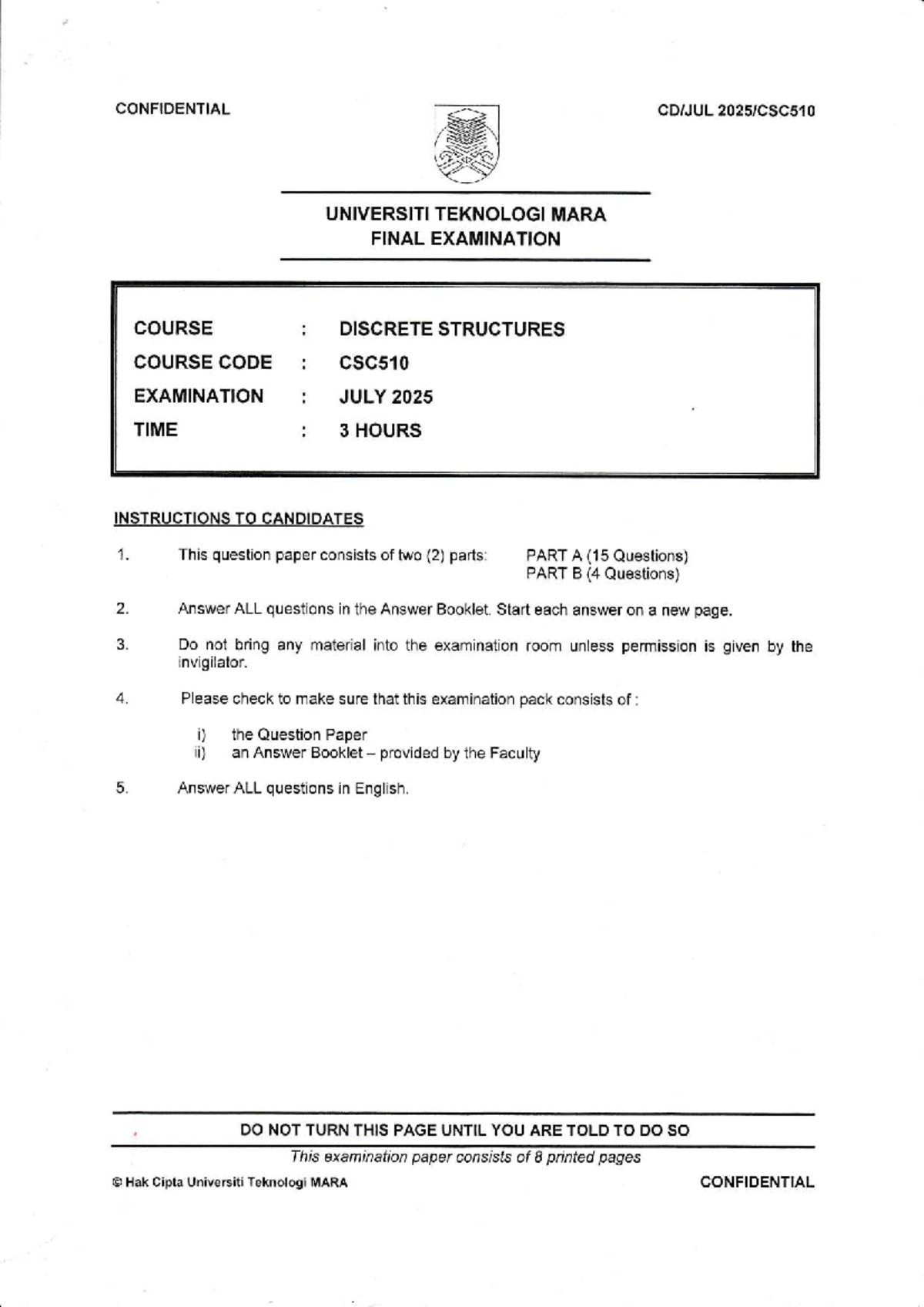 CSC510 JUL 2025 - Final Exam Paper on Discrete Structures - Studocu