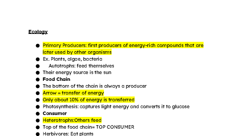 Ecology Module - 4-5 Notes: Primary Producers & Food Chains - Studocu