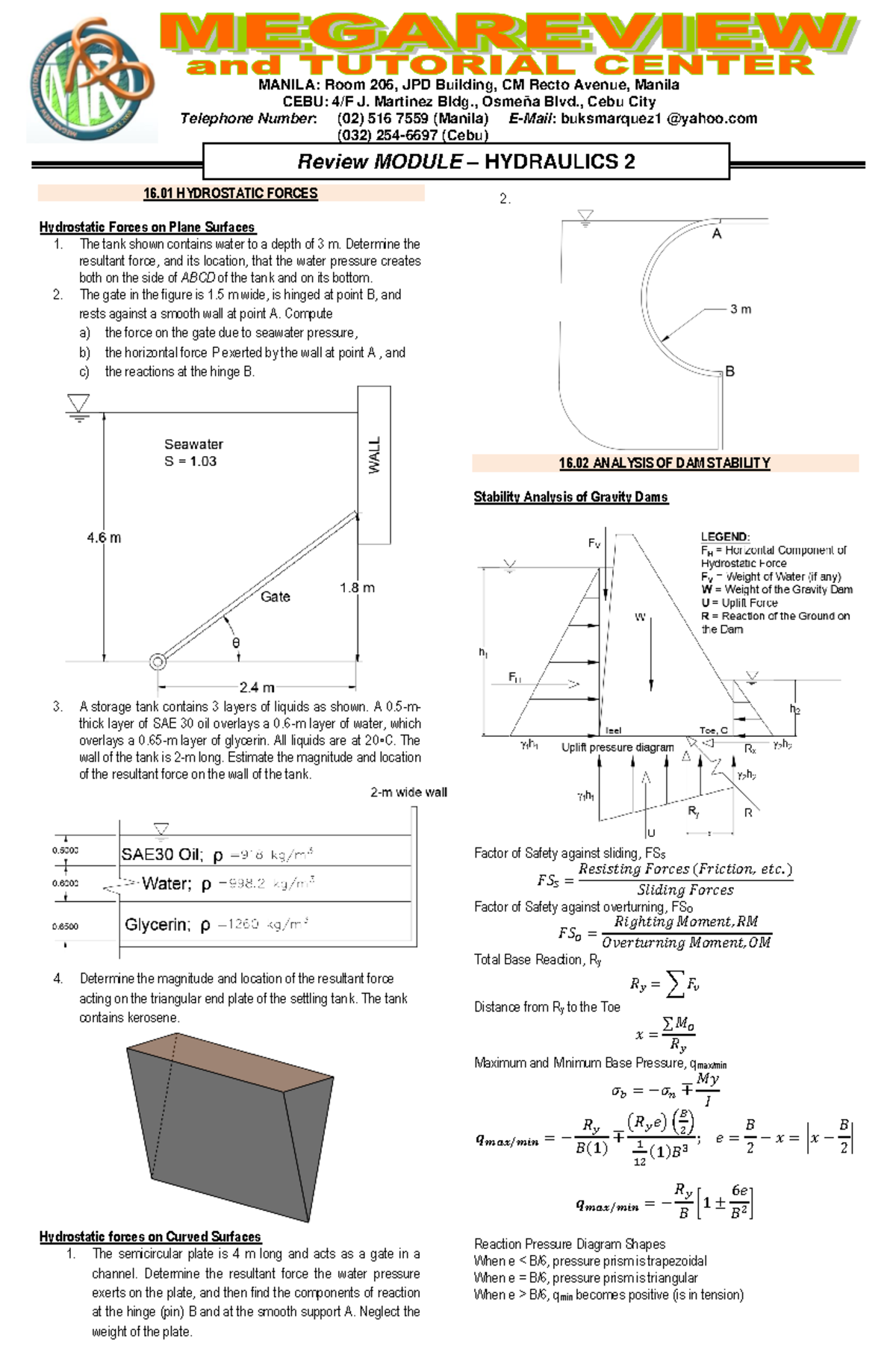 Hydraulics 2 - Review Module: Hydrostatic Forces & Dam Stability ...