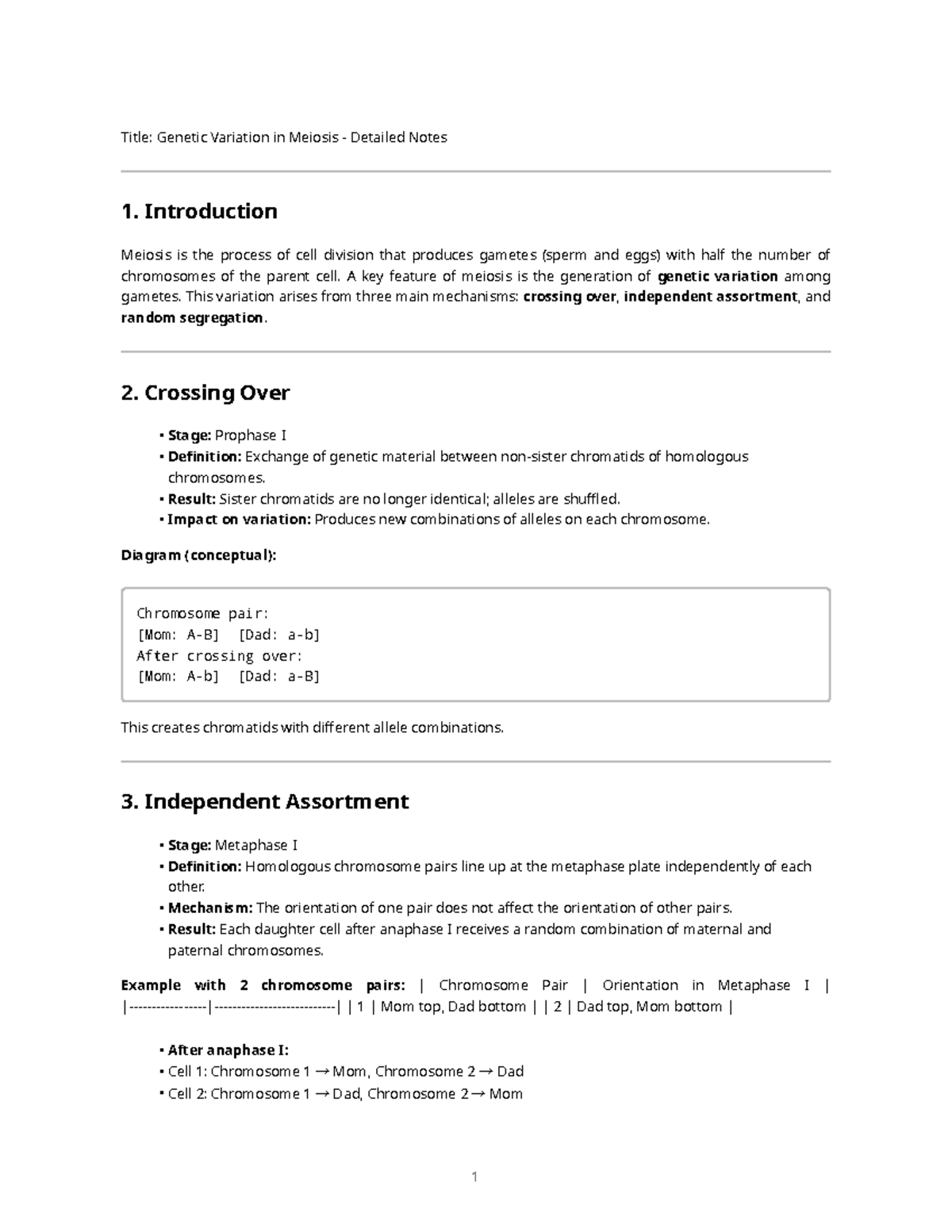 Genetic Variation in Meiosis: Detailed Notes on Mechanisms - Studocu