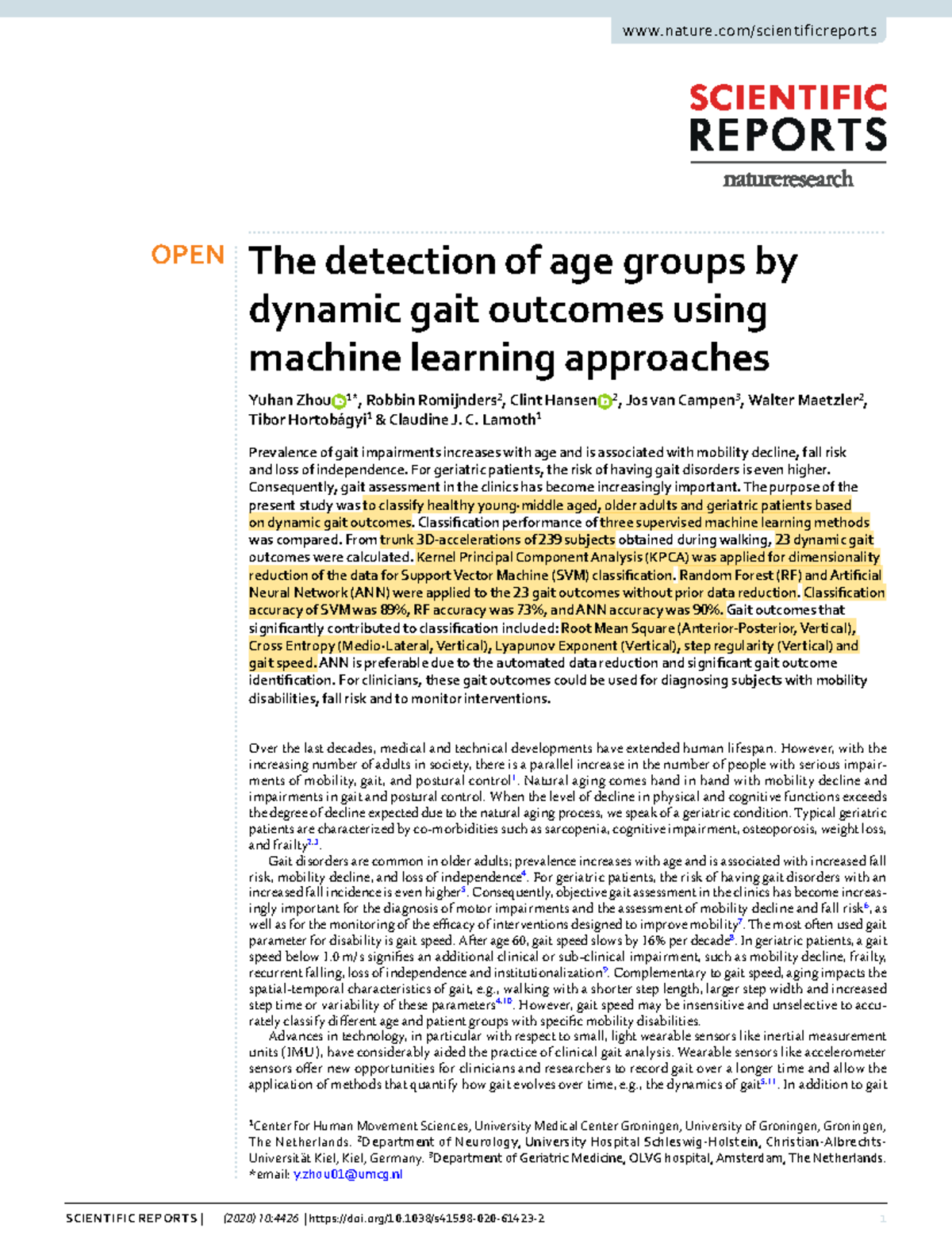 Dynamic Gait Analysis in Age Groups Using ML Approaches (S41598 020 ...