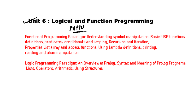 Unit 6: Functional & Logic Programming Paradigms in LISP & Prolog - Studocu