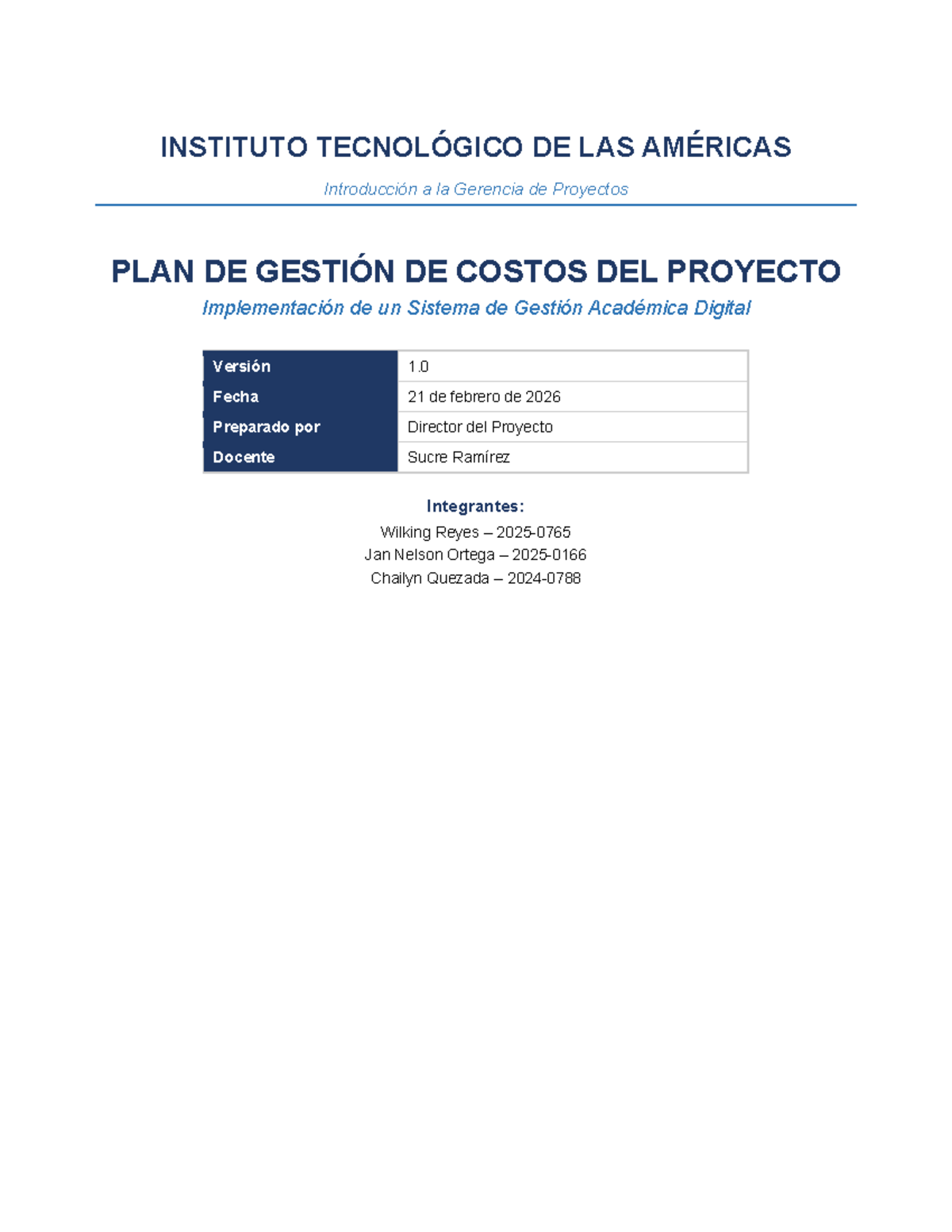 Plan de Gestión de Costos del Proyecto - Introducción a la Gerencia de ...