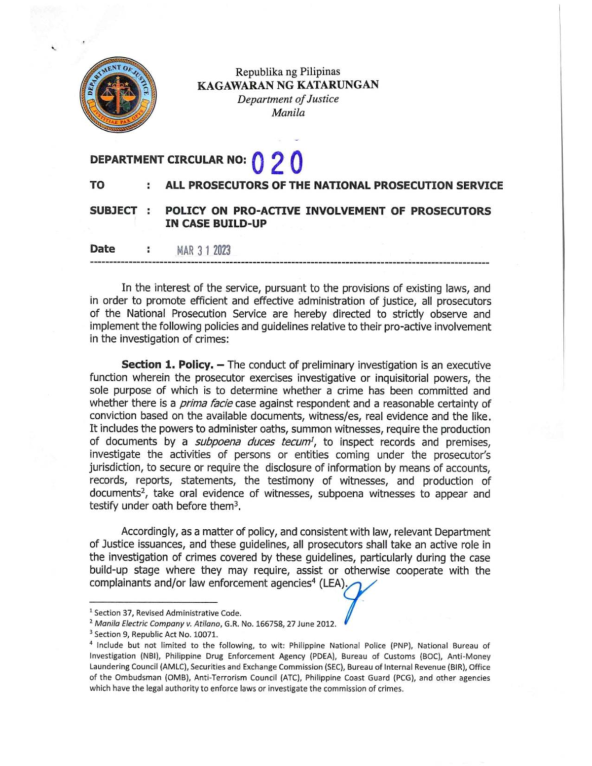 Department Circular No. 020: Prosecutors' Involvement in Crime ...