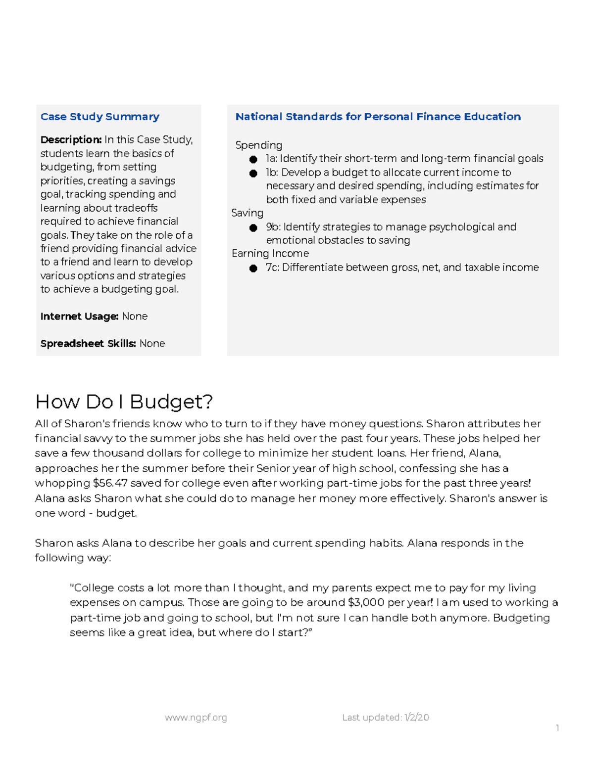 Budgeting CS How Do I Budget -1 - Case Study Summary Description: In ...