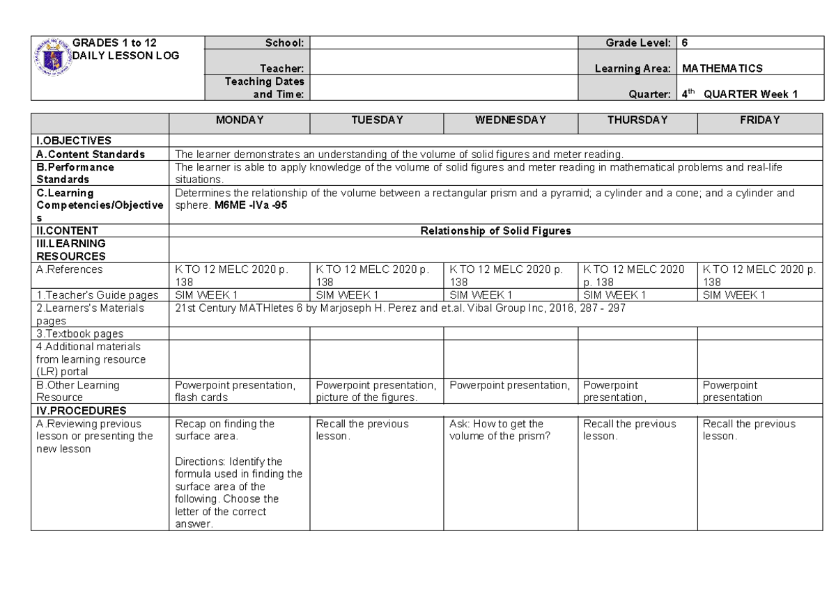 DLL G6- Mathematics Q4 W1 - GRADES 1 to 12 DAILY LESSON LOG School ...