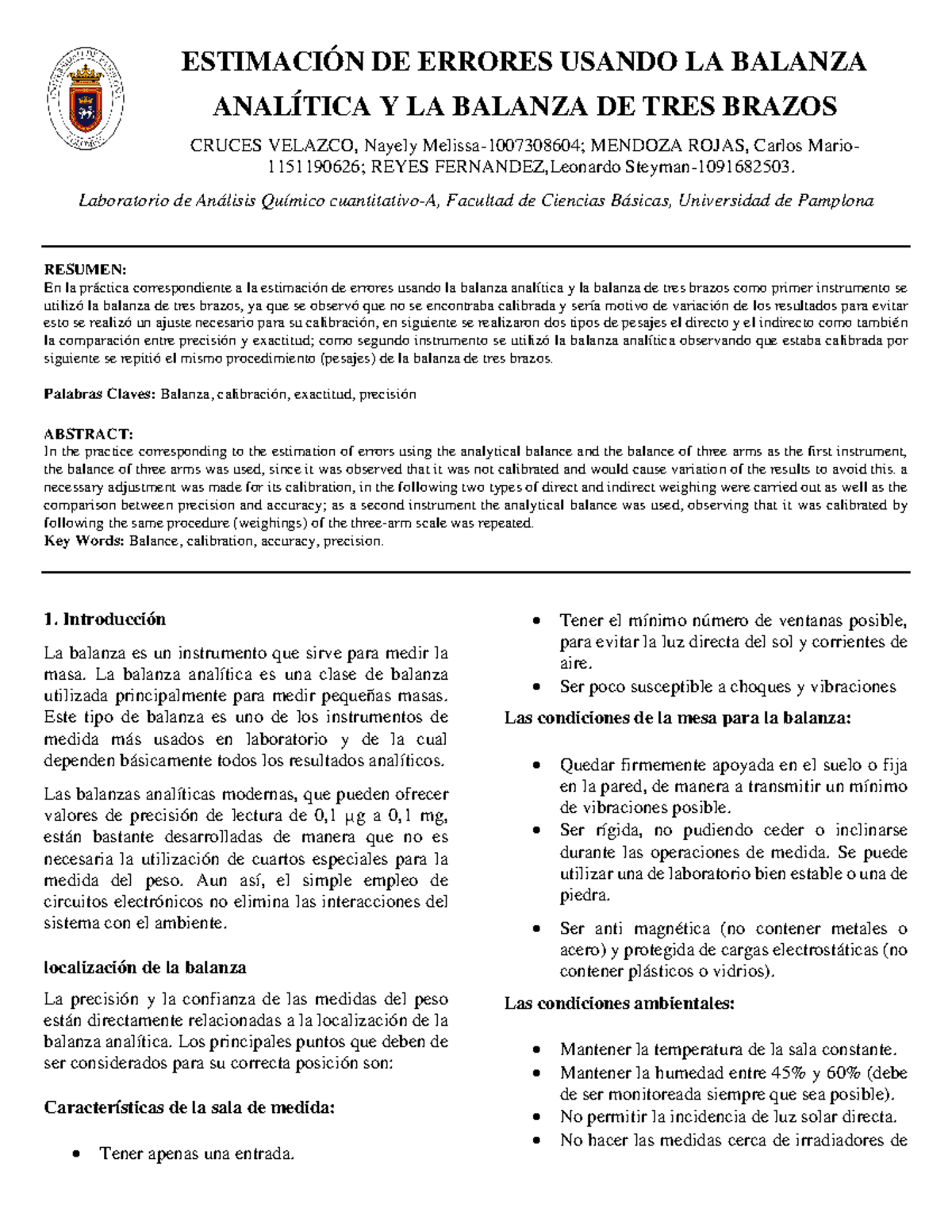 Estimación DE Errores Usando LA Balanza LAB1 - Warning: TT: undefined function: 32 ESTIMACIÓN DE ...