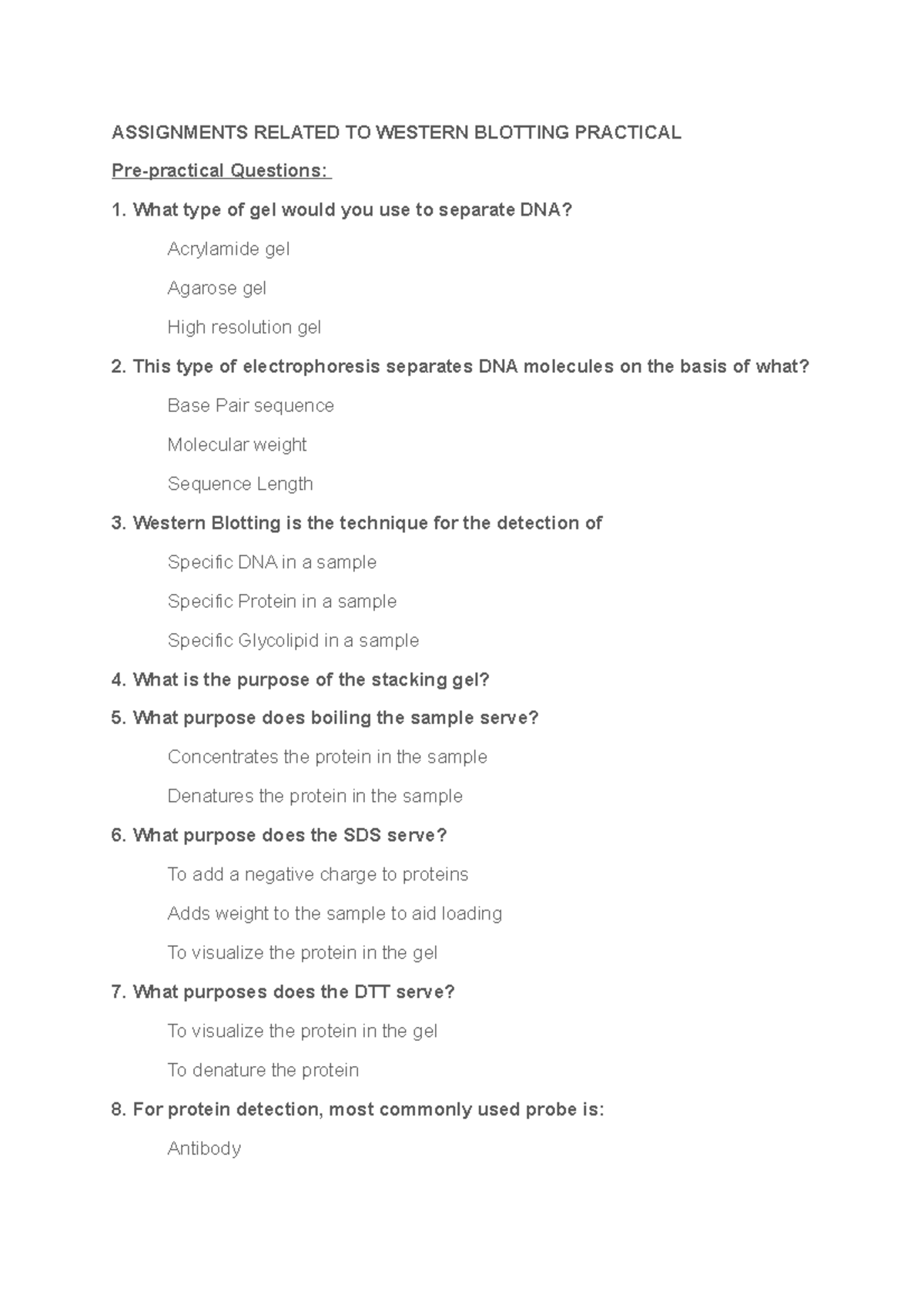 Pre-practical questions - ASSIGNMENTS RELATED TO WESTERN BLOTTING ...
