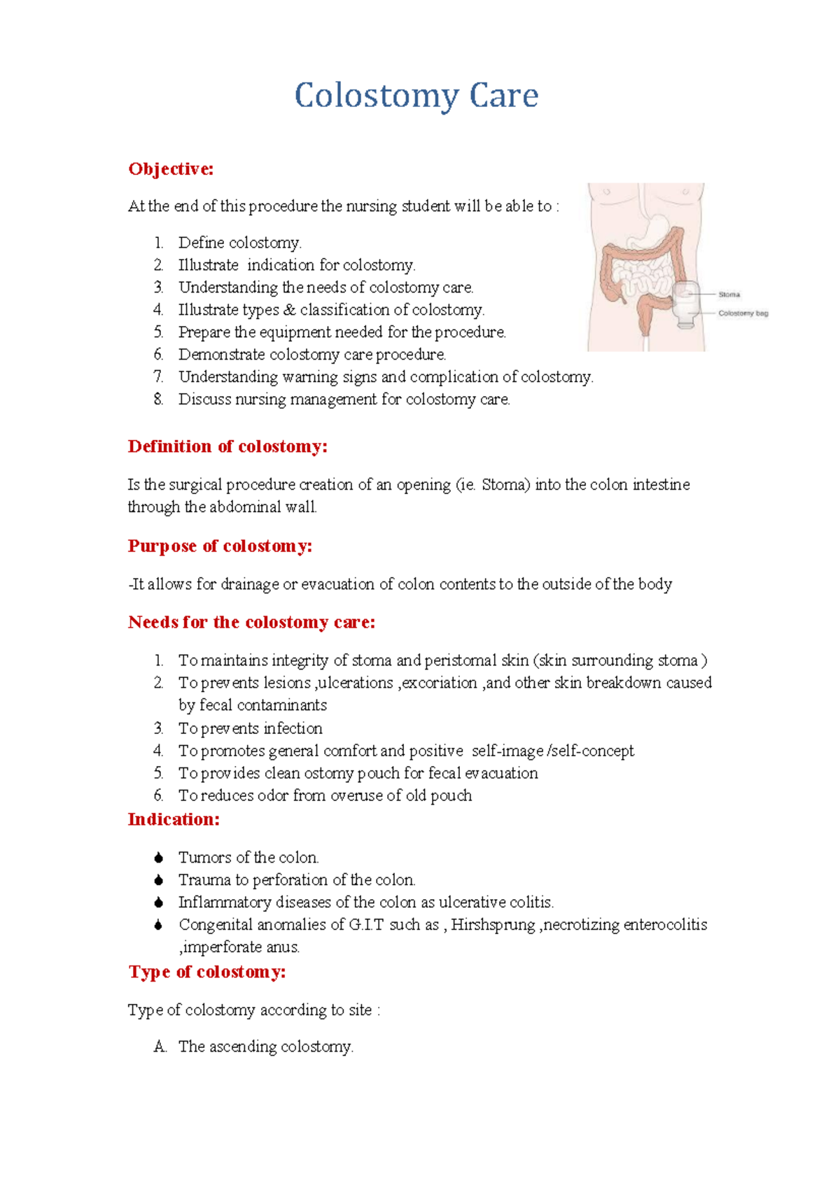 Colostomy Care: Definition, Purpose, Types & Nursing Management - Studocu