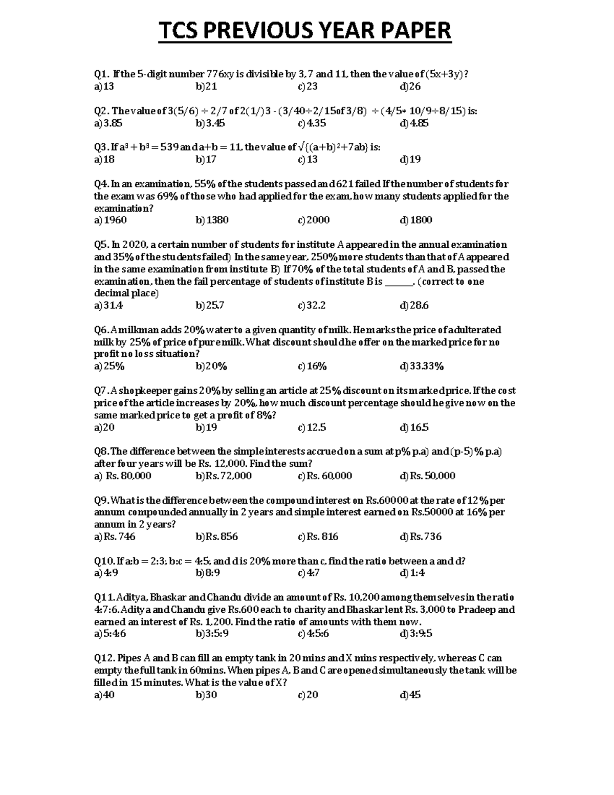 TCS 2023 APTITUDE REASONING Previous Year Exam Paper Solutions - Studocu