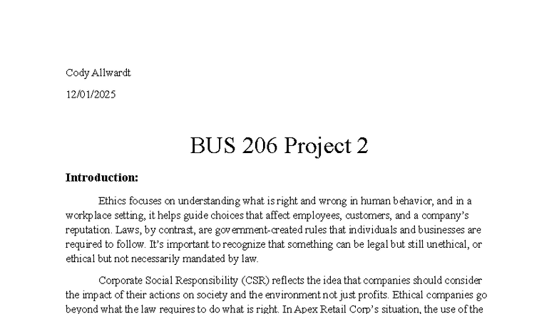 BUS 206 Project 2: Ethical Implications of Employee Tracking at Apex ...