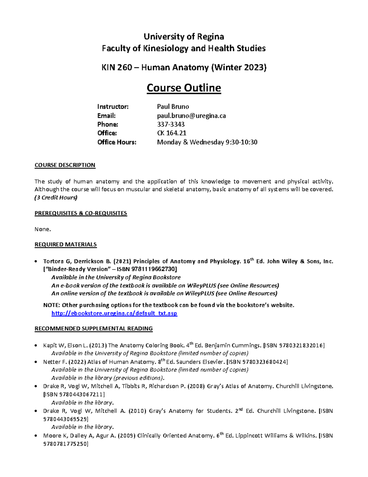 Course Outline (KIN 260 - Daytime - Winter 2023) - University of Regina ...