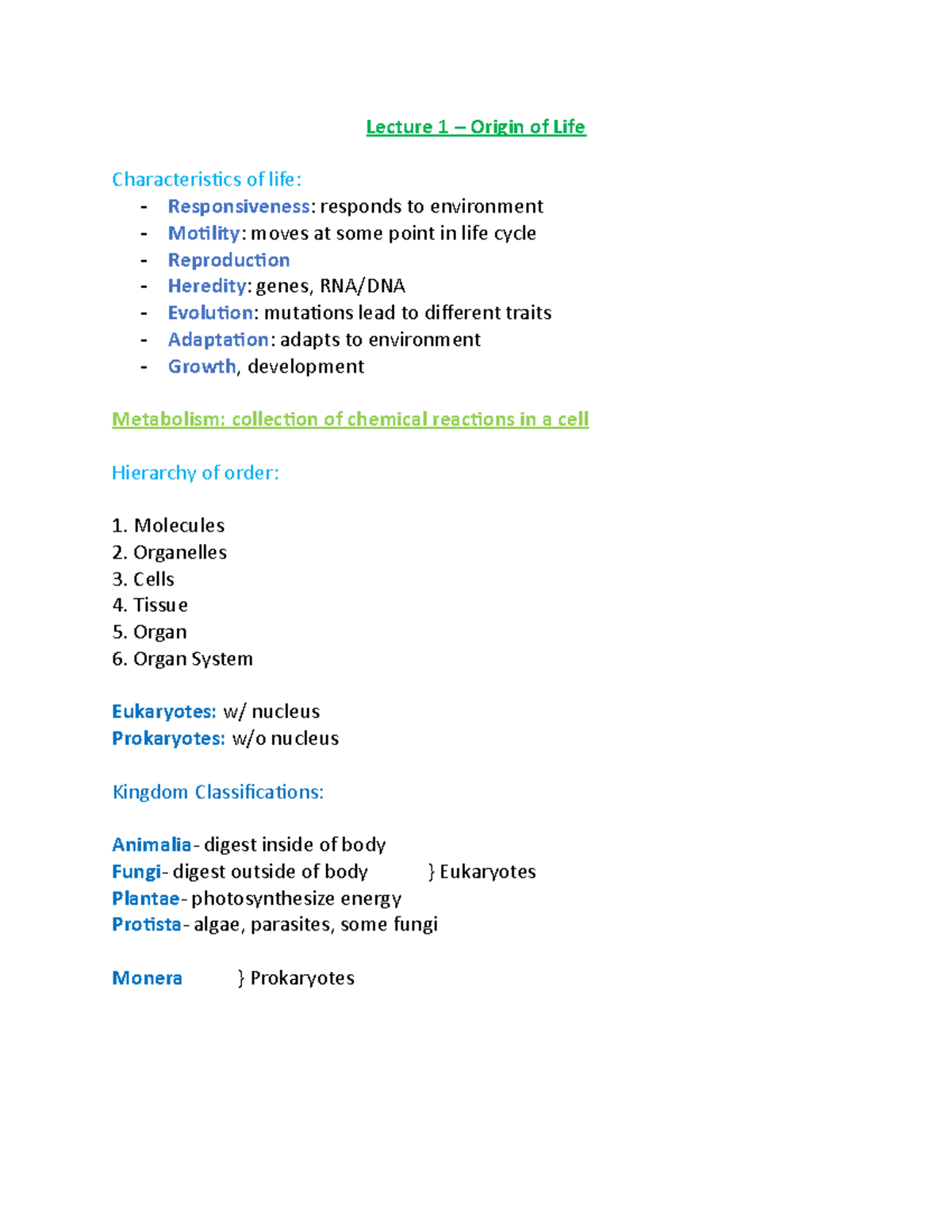 Biodiversity Exam 1 Notes - Lecture 1 – Origin of Life Characteristics ...