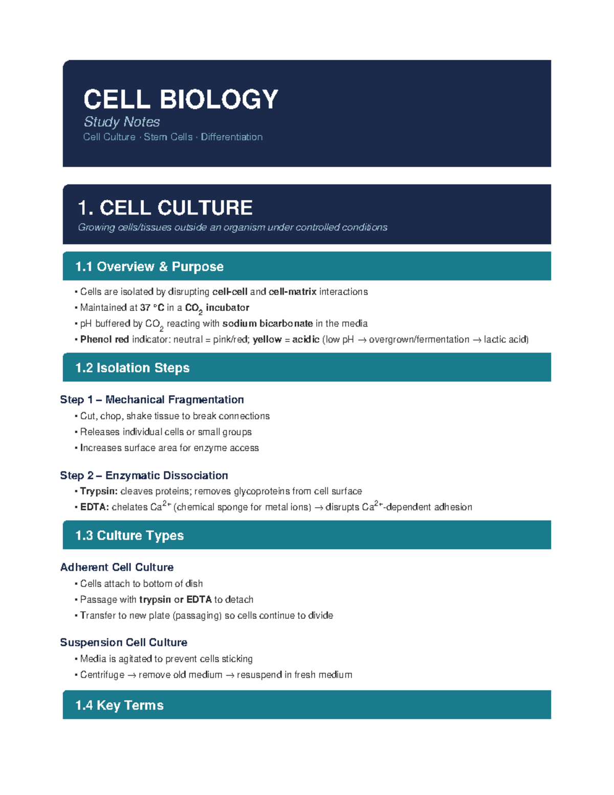 CELL BIO 101: Week 1 Study Notes on Cell Culture & Stem Cells - Studocu