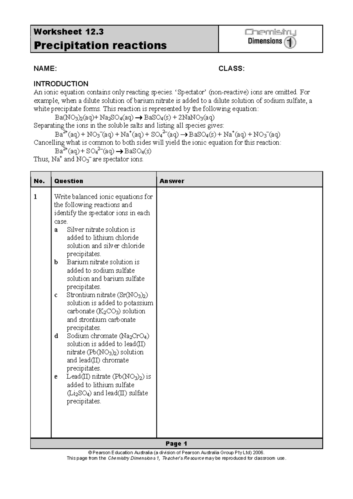 CD1 Worksheet 12.3: Precipitation Reactions & Ionic Equations - Studocu