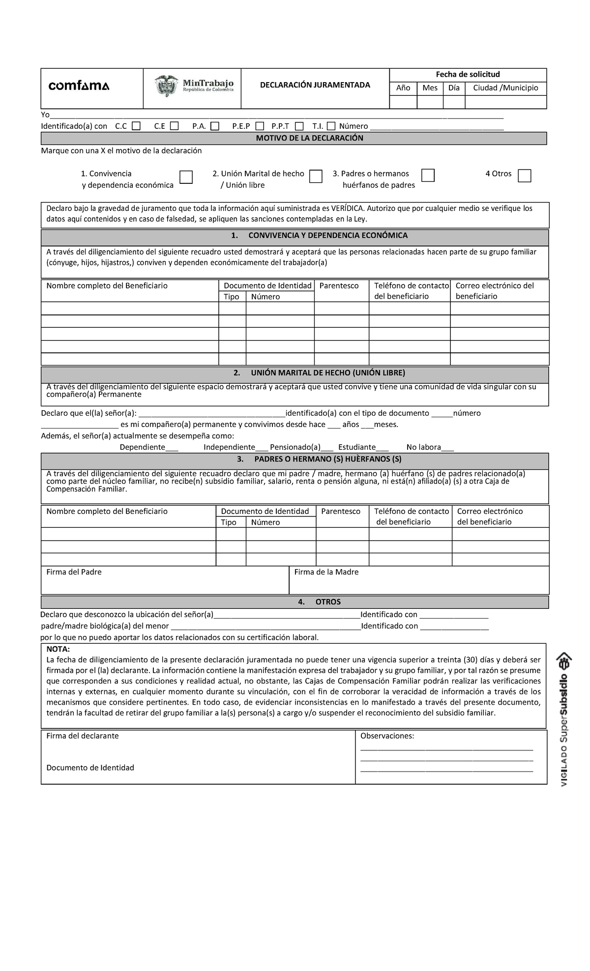 Declaración Juramentada para Comfama: Requisitos y Procedimiento - Studocu