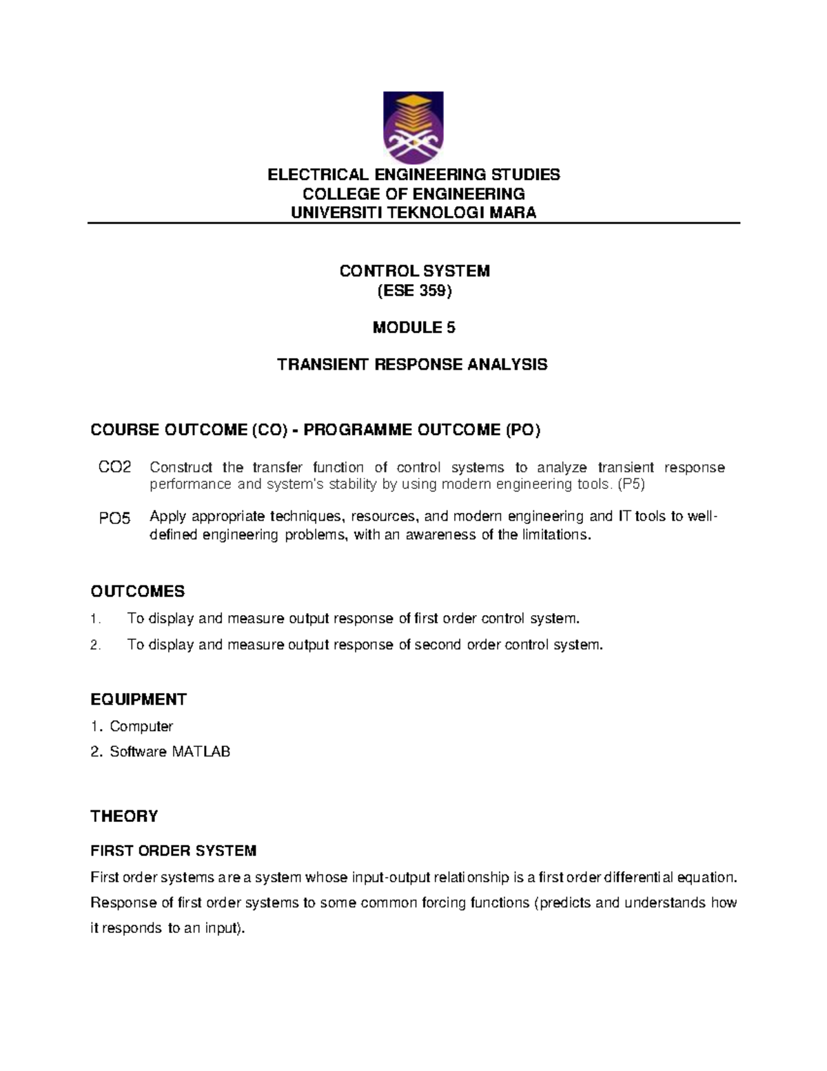 Lab Module 5- Transient Response Analysis done - ELECTRICAL ENGINEERING STUDIES COLLEGE OF - Studocu