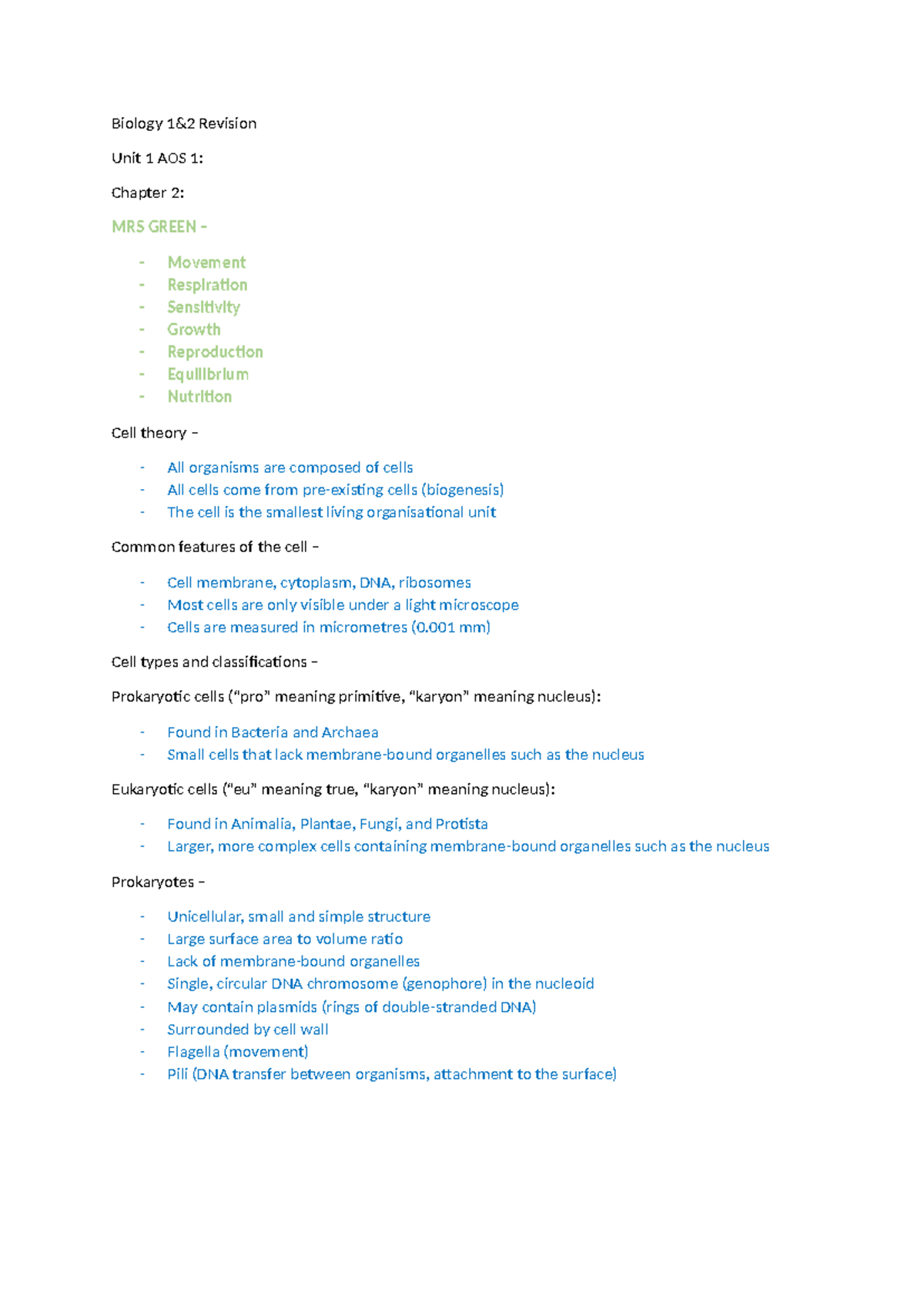 Biology 1 & 2 Revision: Unit 1 AOS 1 - Cell Structure & Function - Studocu