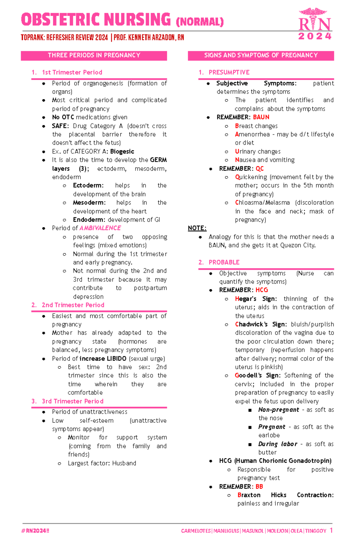 OB 2024 Normal Pregnancy Refresher Notes - Prof. Kenneth Arzadon - Studocu