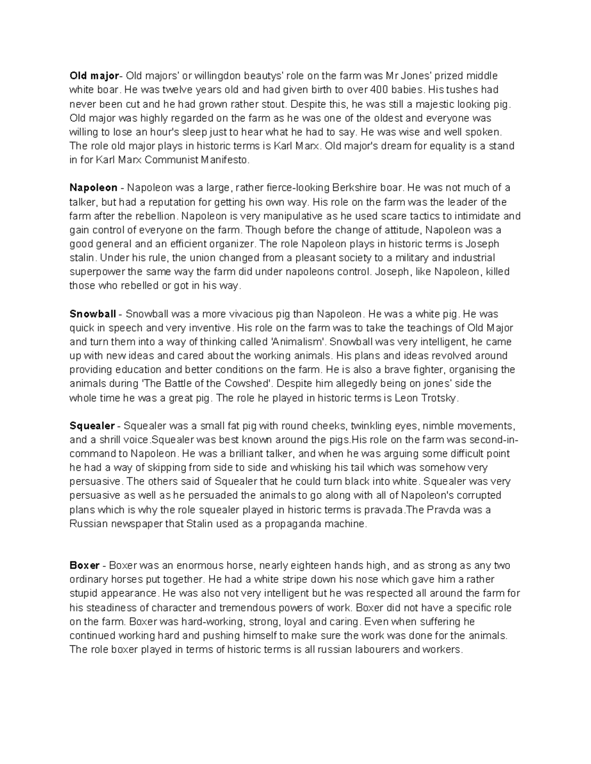 Character Profiles and Historical Parallels in Animal Farm (ENG 101 ...