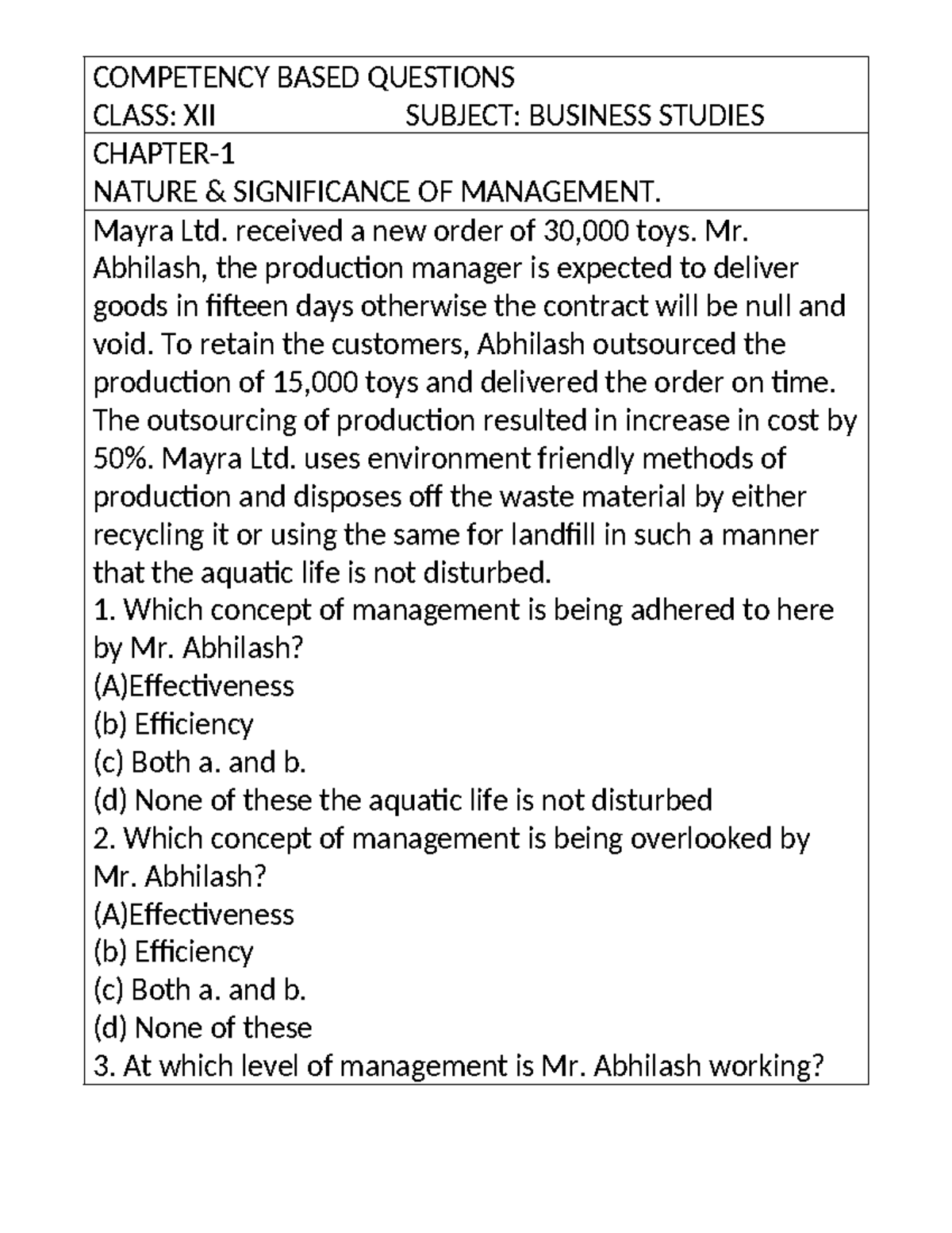 Business Studies Class XII: Competency-Based Questions on Management ...
