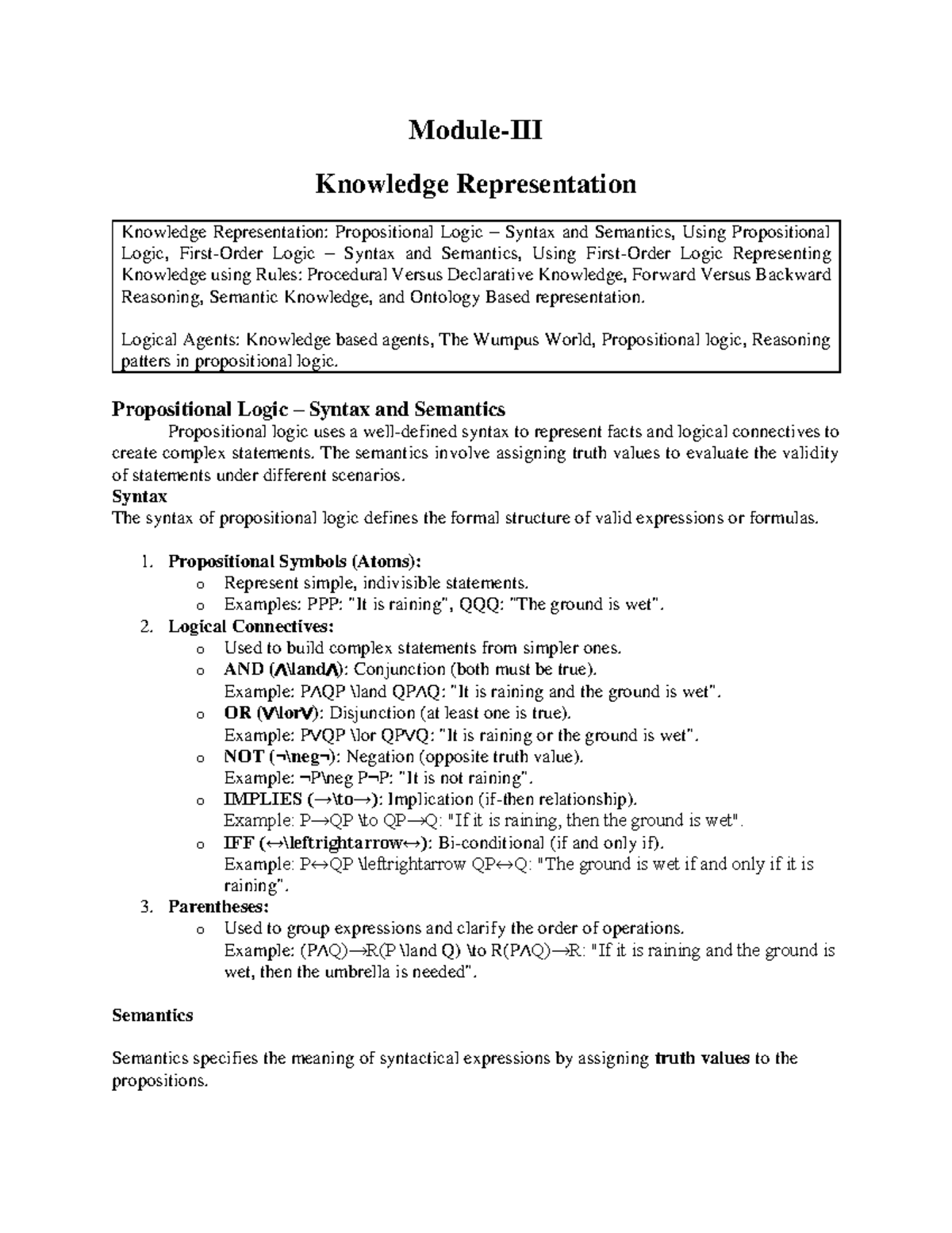 Module-III Lecture Notes: Knowledge Representation Concepts - Studocu