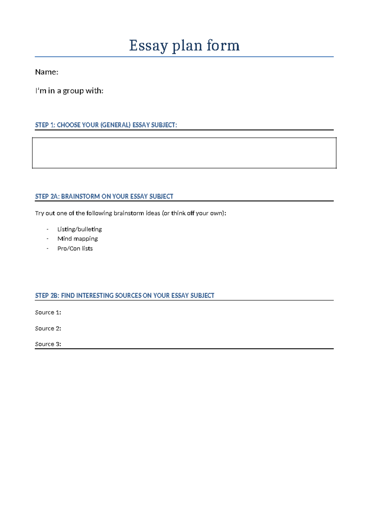 Group Essay Plan Form: Steps to Develop Your Topic - Studeersnel