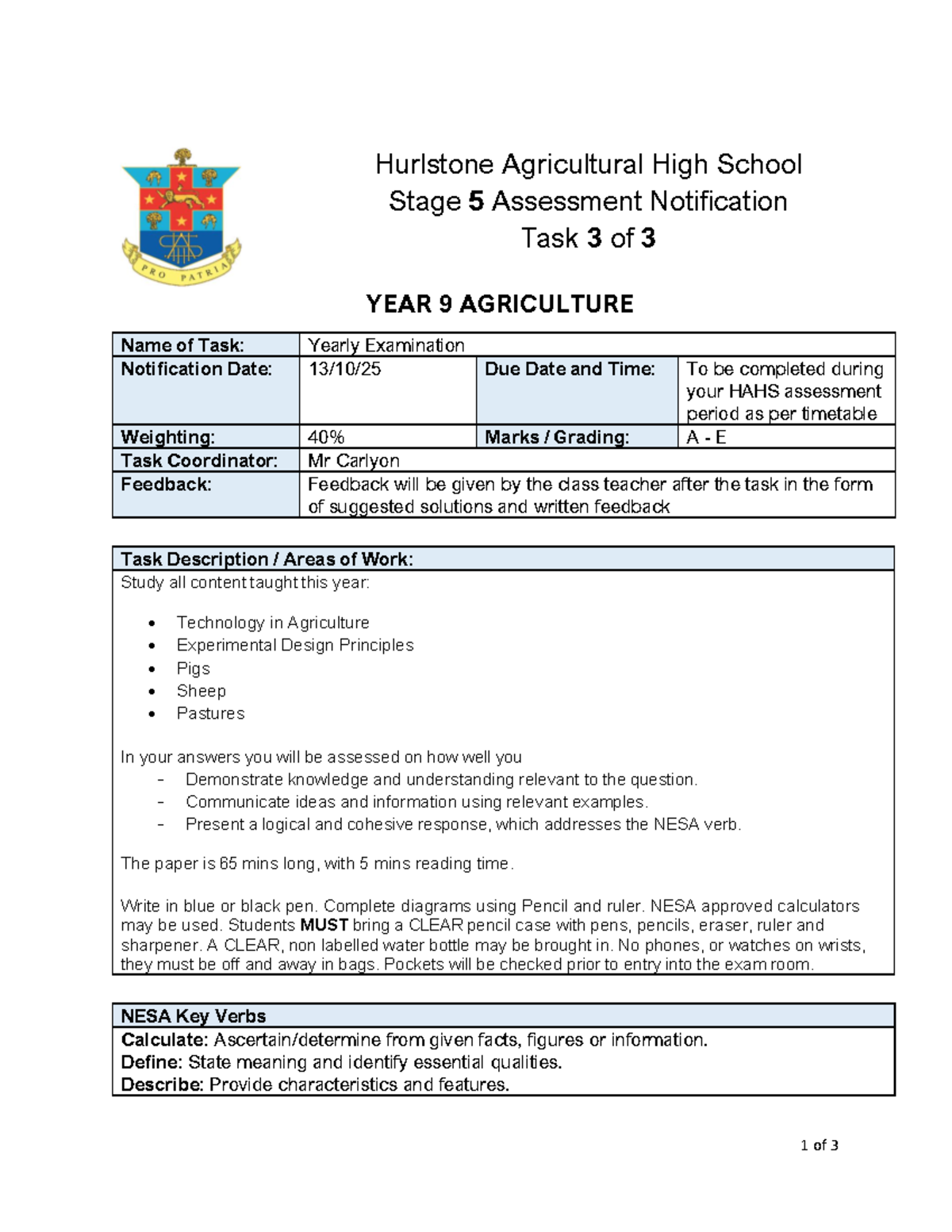 2025 Year 9 Agriculture Task 3 Assessment Notification - Studocu