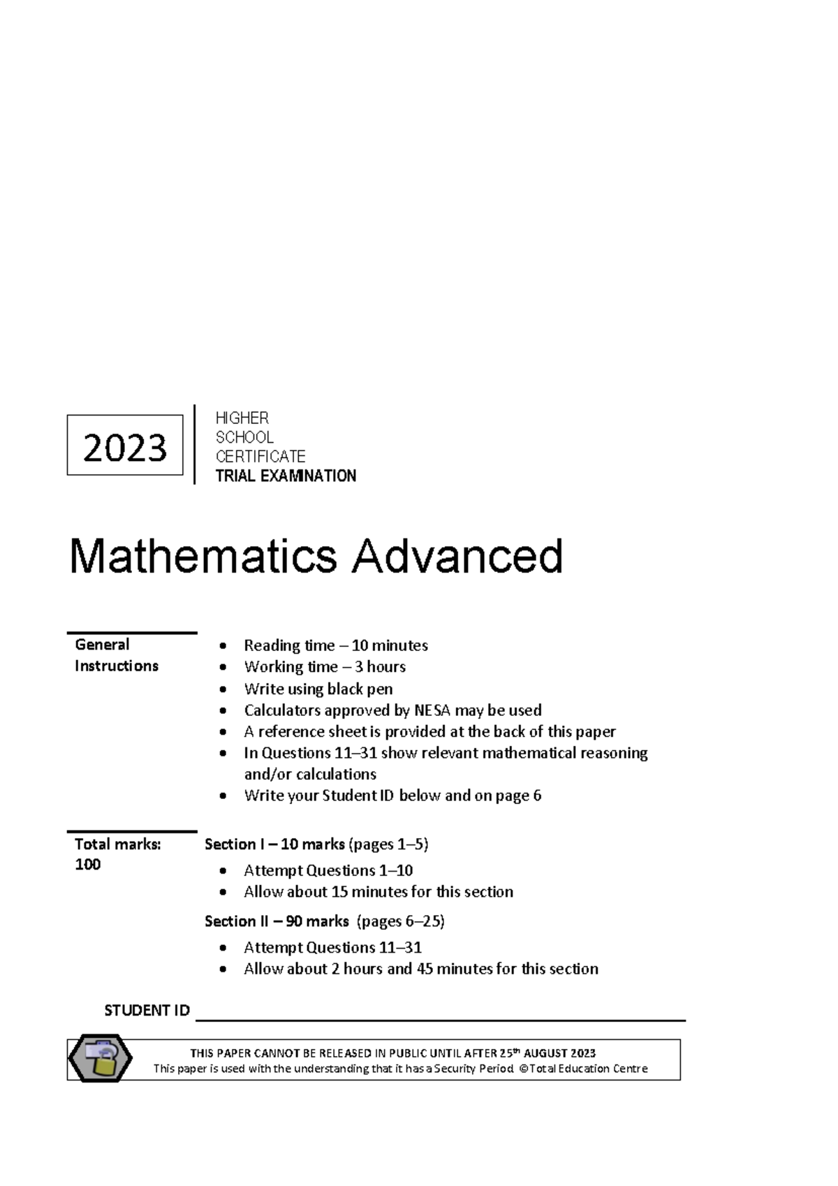 2023 Mathematics Advanced HSC Trial Exam Solutions - Studocu