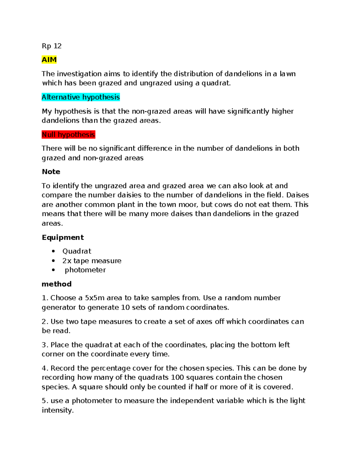 Rp12 Post-Practical Report: Dandelion Distribution in Grazed vs ...