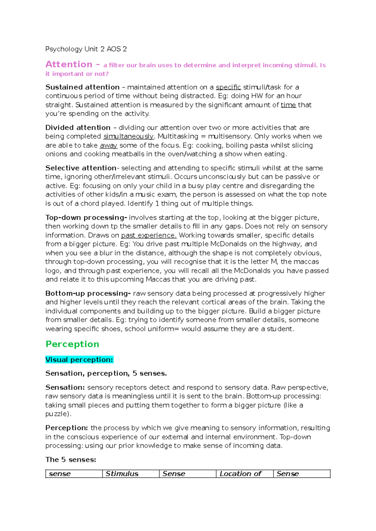 Psychology Unit 2 AOS 2 - Attention and Perception Summary Notes - Studocu