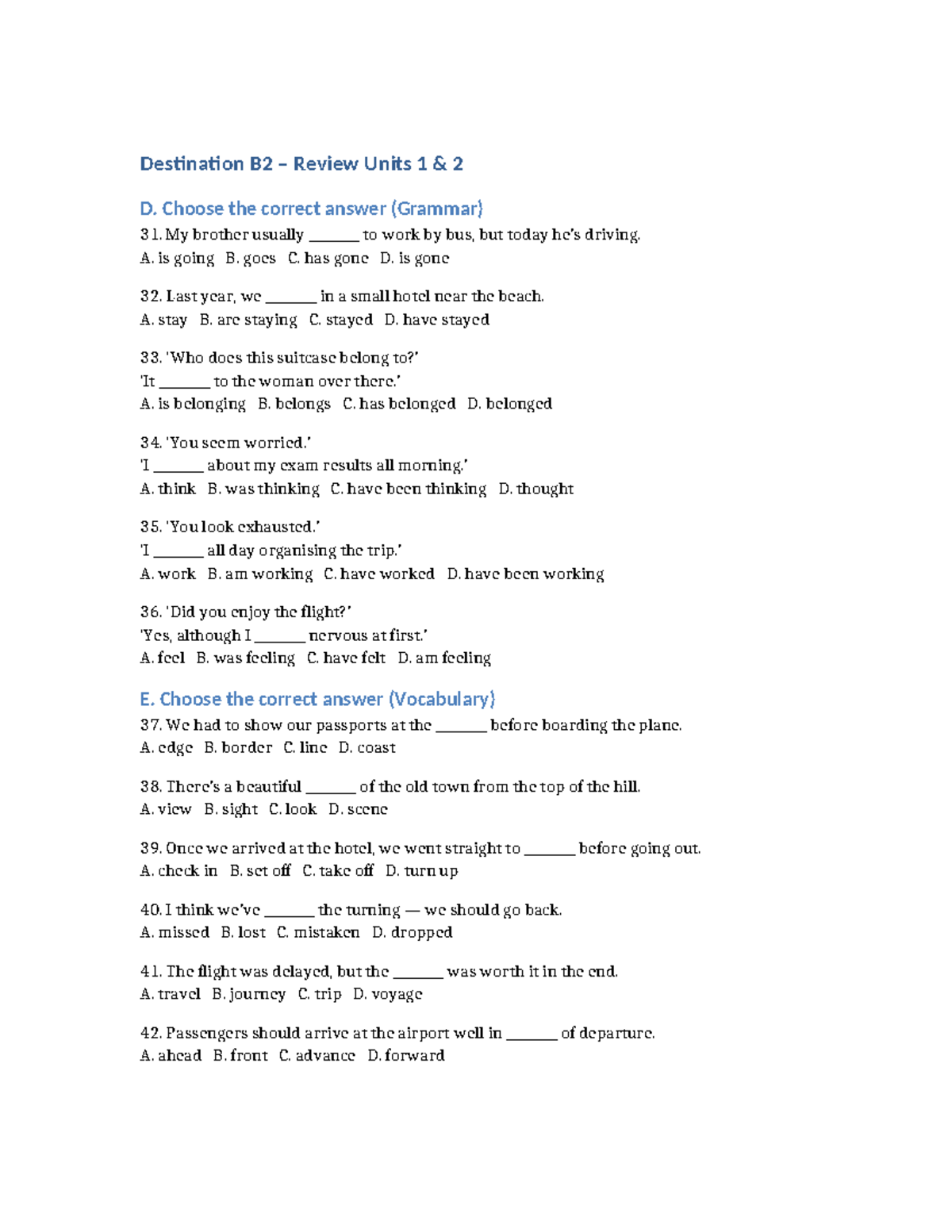 Destination B2 Review Units 1 & 2 - Grammar & Vocabulary - Studocu