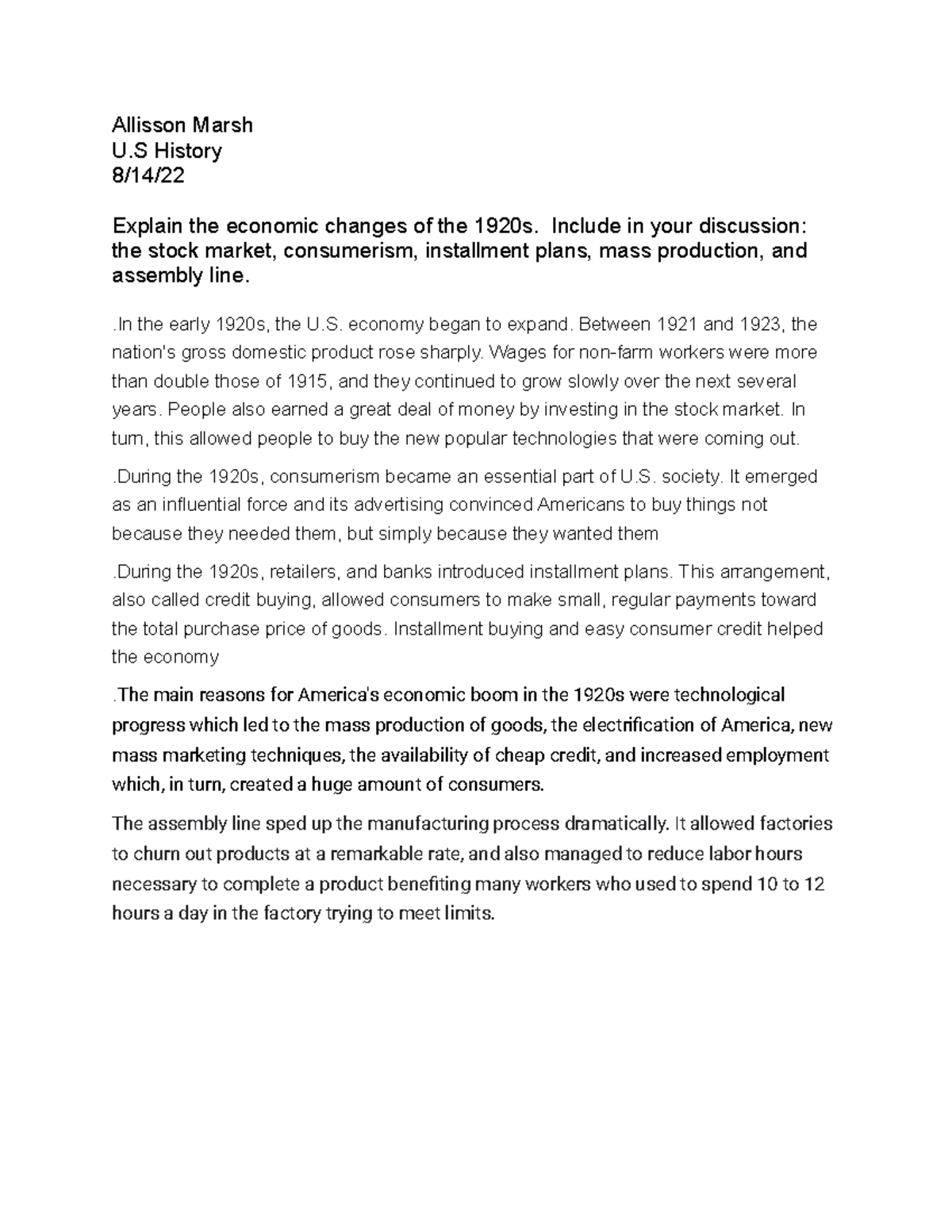 DBA 4 U.S. History - Economic and Social Changes in the 1920s - Studocu