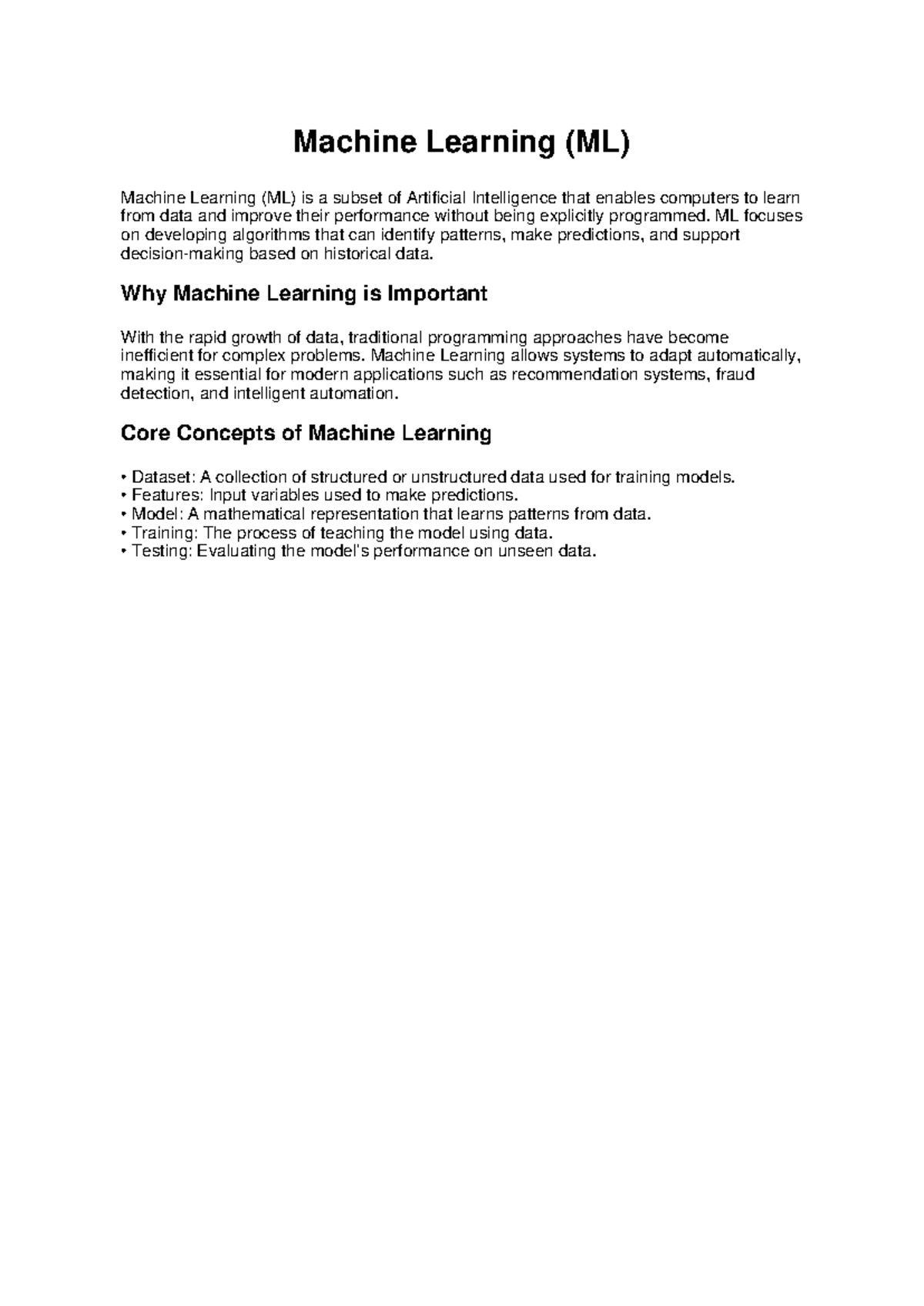 Machine Learning (ML) Overview: Key Concepts and Types - Studocu