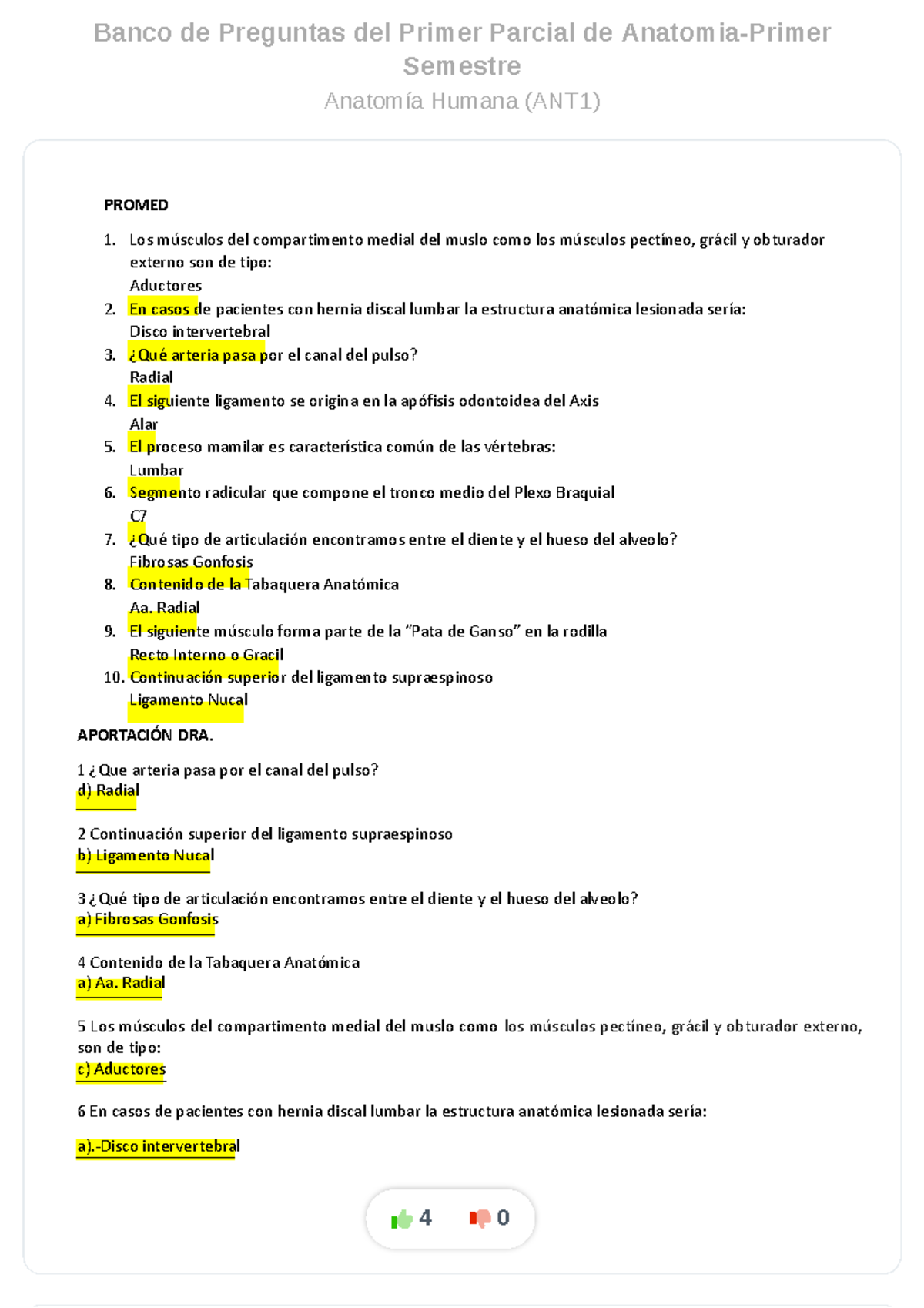Banco de Preguntas: Primer Parcial Anatomía (ANT1) Primer Semestre - Studocu
