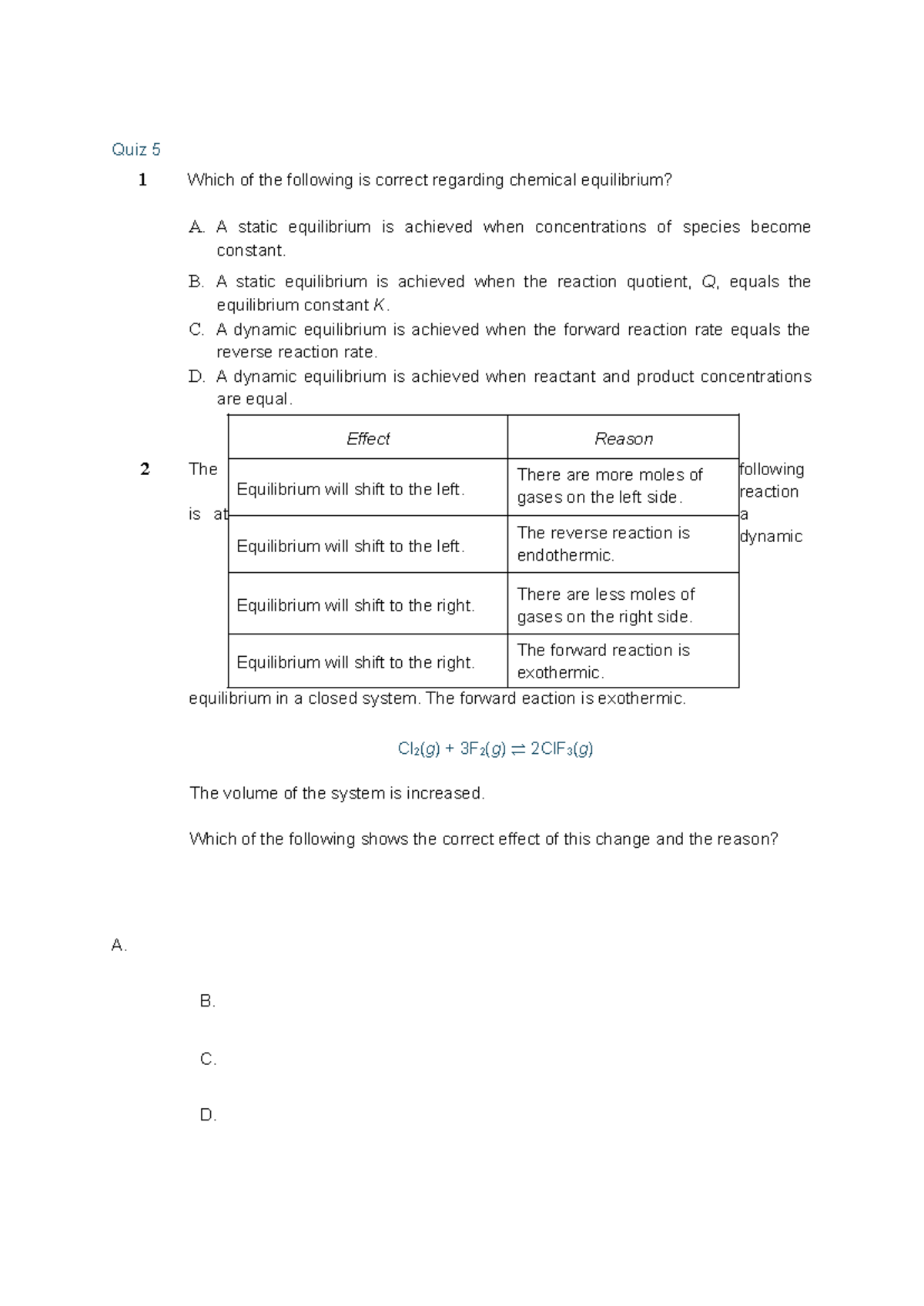 Quiz 5-7 MCQ: Understanding Chemical Equilibrium Concepts - Studocu