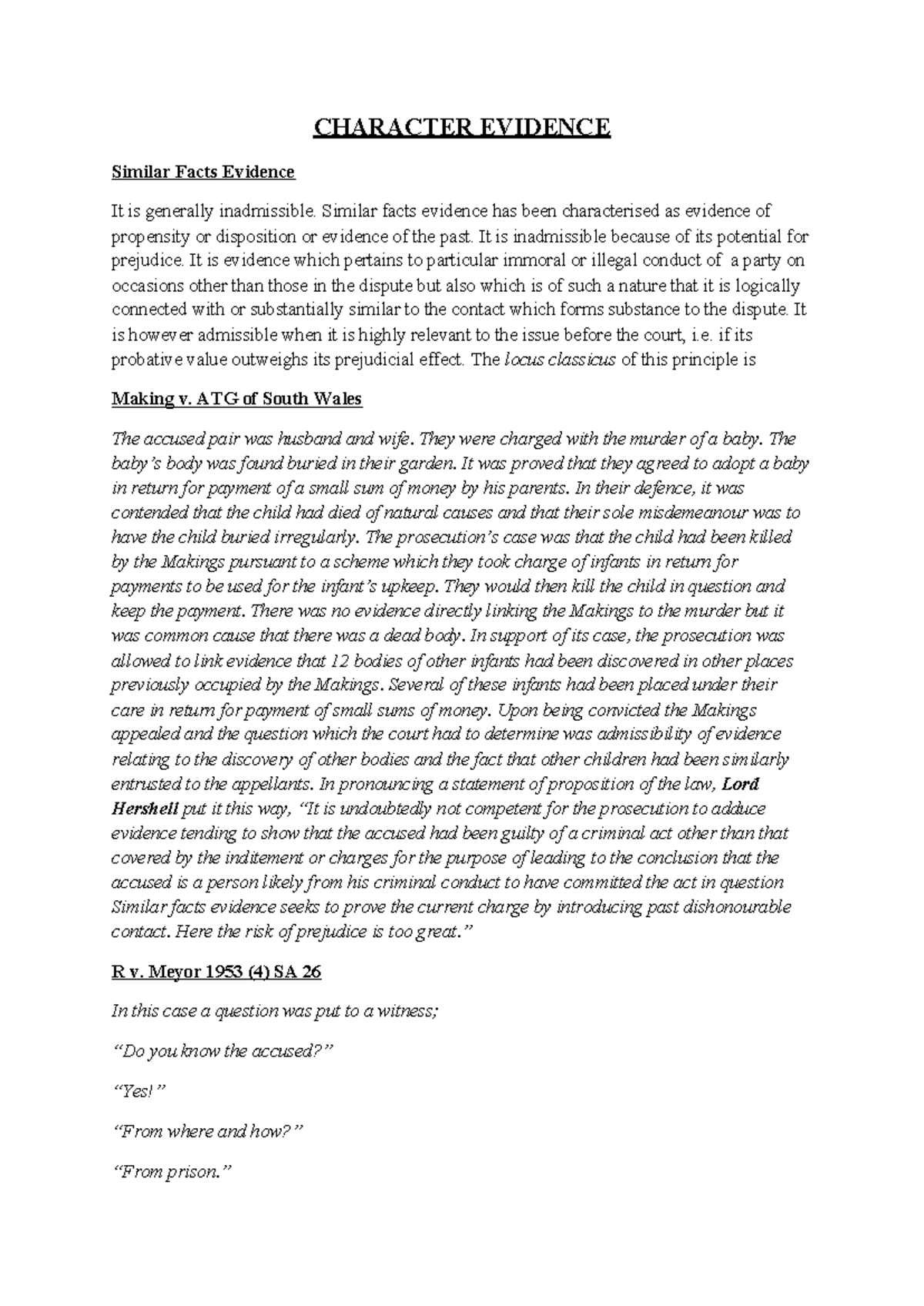 4. Character Evidence - Similar Facts Admissibility Notes - Studocu
