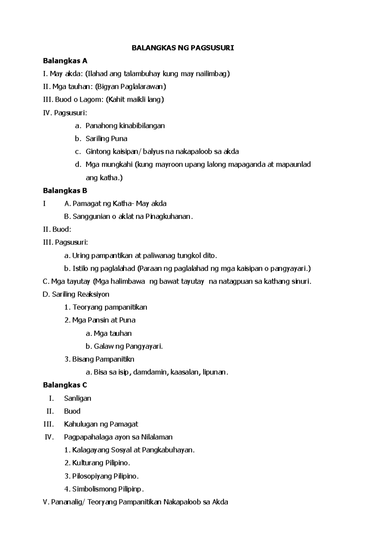 Balangkas ng Pagsusuri sa mga Akda: Pagsusuri ng mga Tauhan at Tema ...
