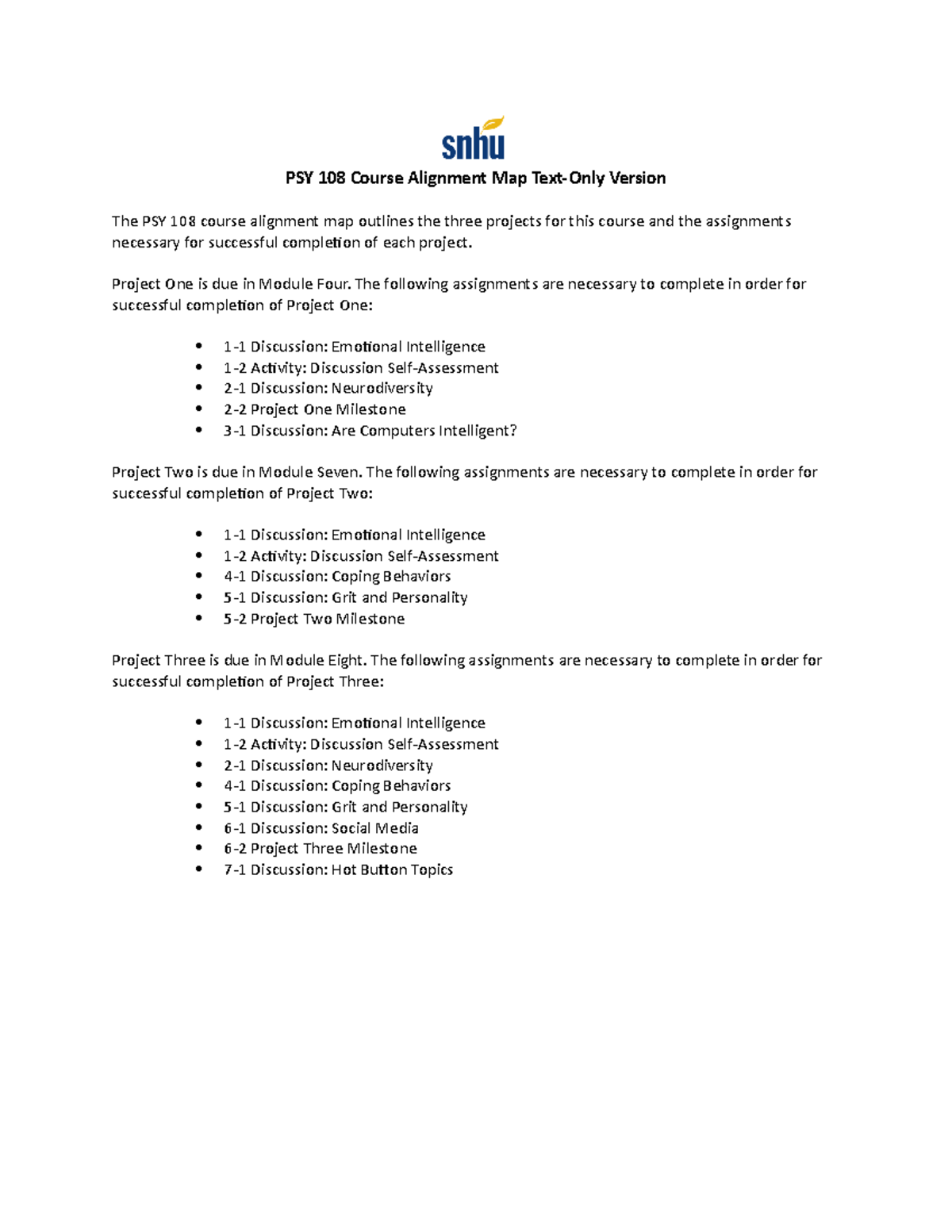 PSY 108 Course Alignment Map Text-Only Version - Project One is due in ...