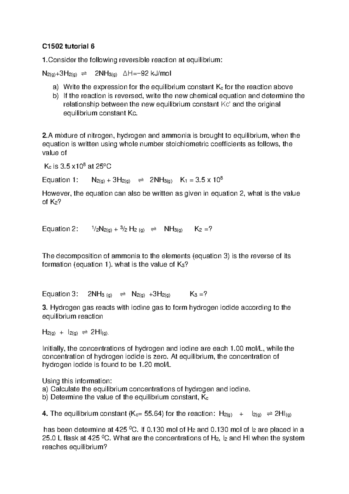 C1502 Tutorial 6: Equilibrium Constants and Reactions Analysis - Studocu