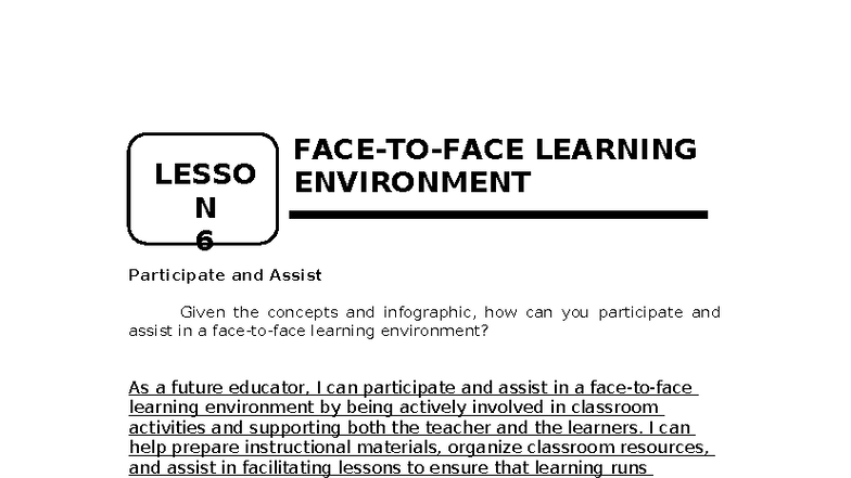 Lesson 6: Participating and Assisting in Learning Environments (FS2 ...